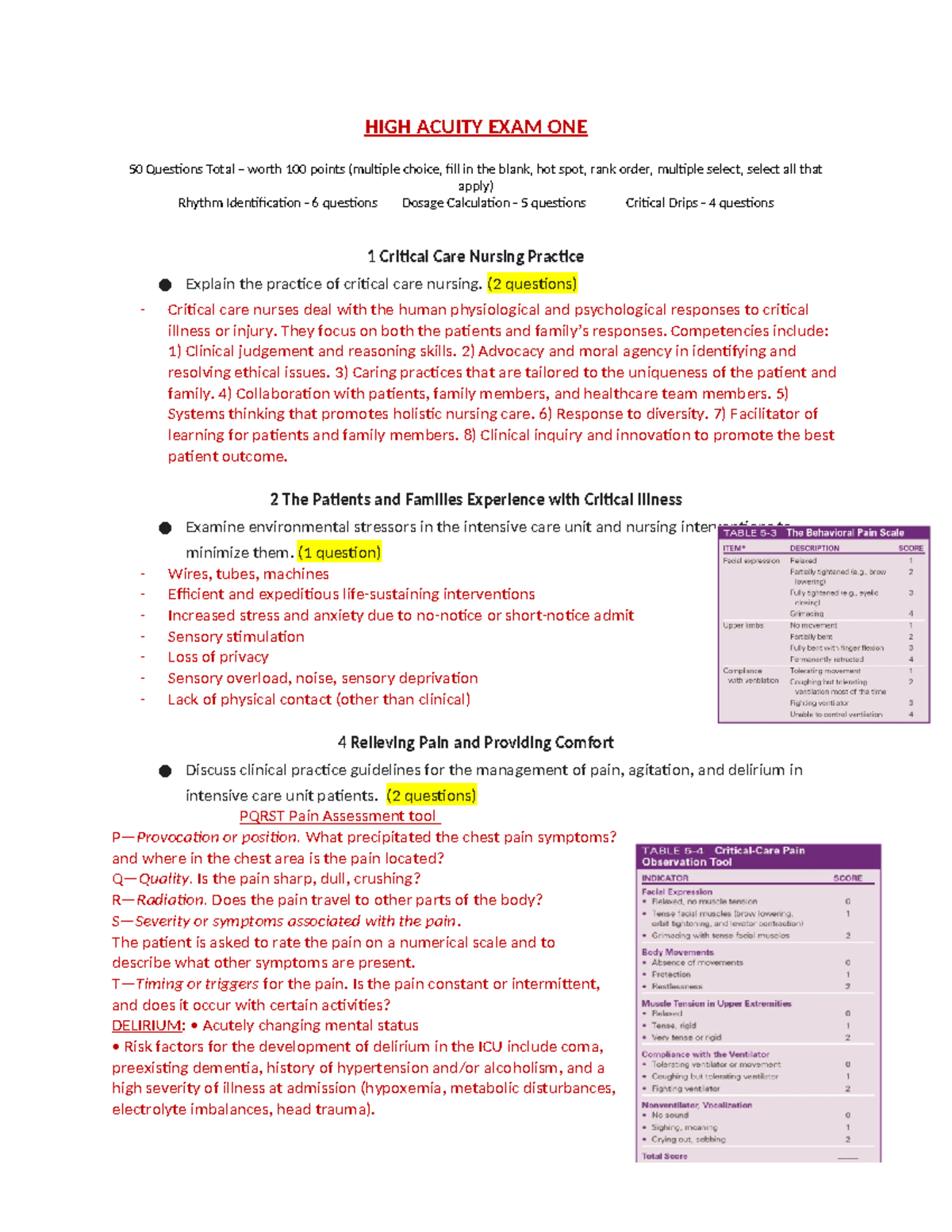 HIGH Acuity Exam 1 Study Guide - HIGH ACUITY EXAM ONE 50 Questions ...