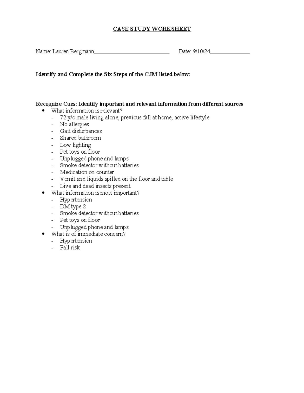 Case Study Worksheet 9 10 - CASE STUDY WORKSHEET Name: Lauren Bergmann ...
