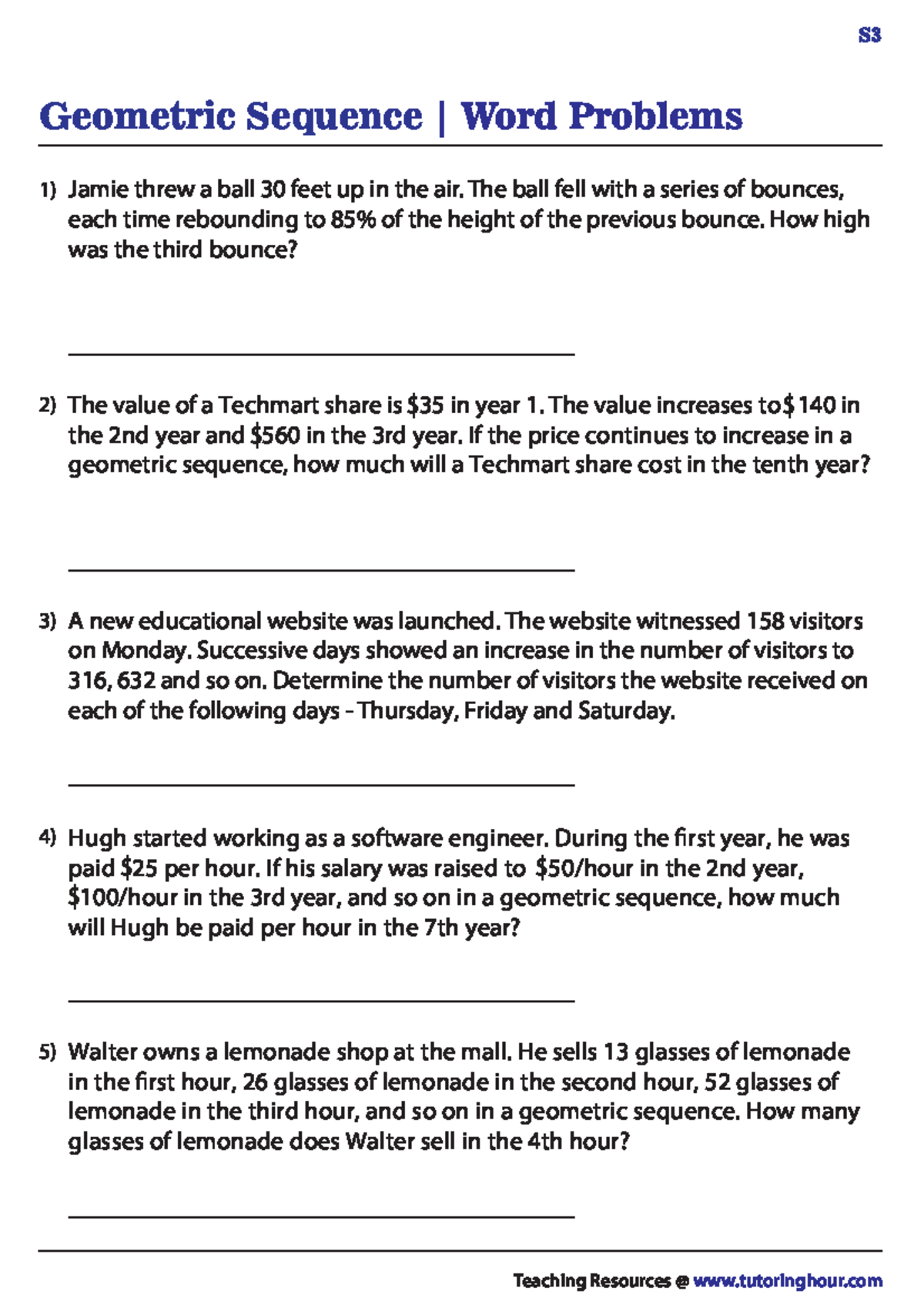 Word-problems-3 - math - S3 Geometric Sequence Word Problems 1) Jamie ...