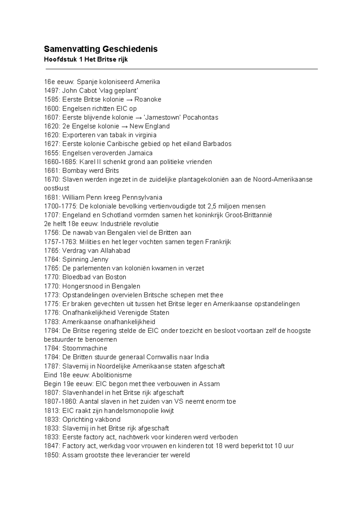 Samenvatting het Britse rijk - Samenvatting Geschiedenis Hoofdstuk 1 ...