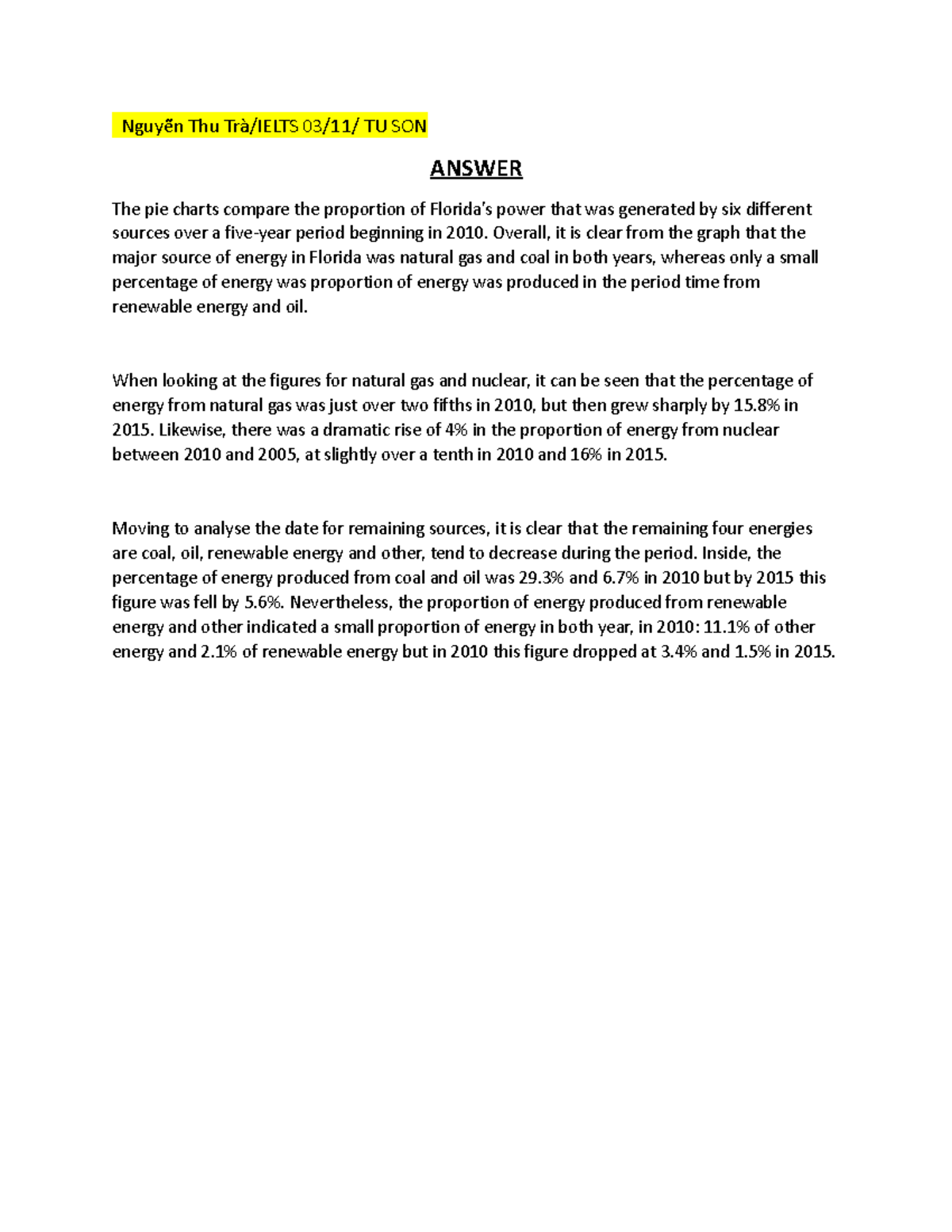 Writing t1 pie chart homework - Nguyễễn Thu Trà/IELTS 03/11/ TU SON ...