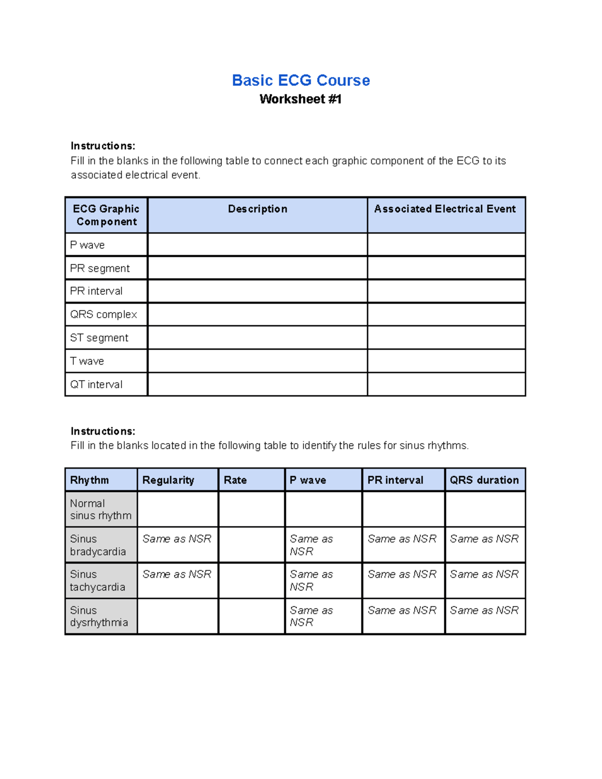 Basic ECG Course - Worksheet #1 - Basic ECG Course Worksheet ...