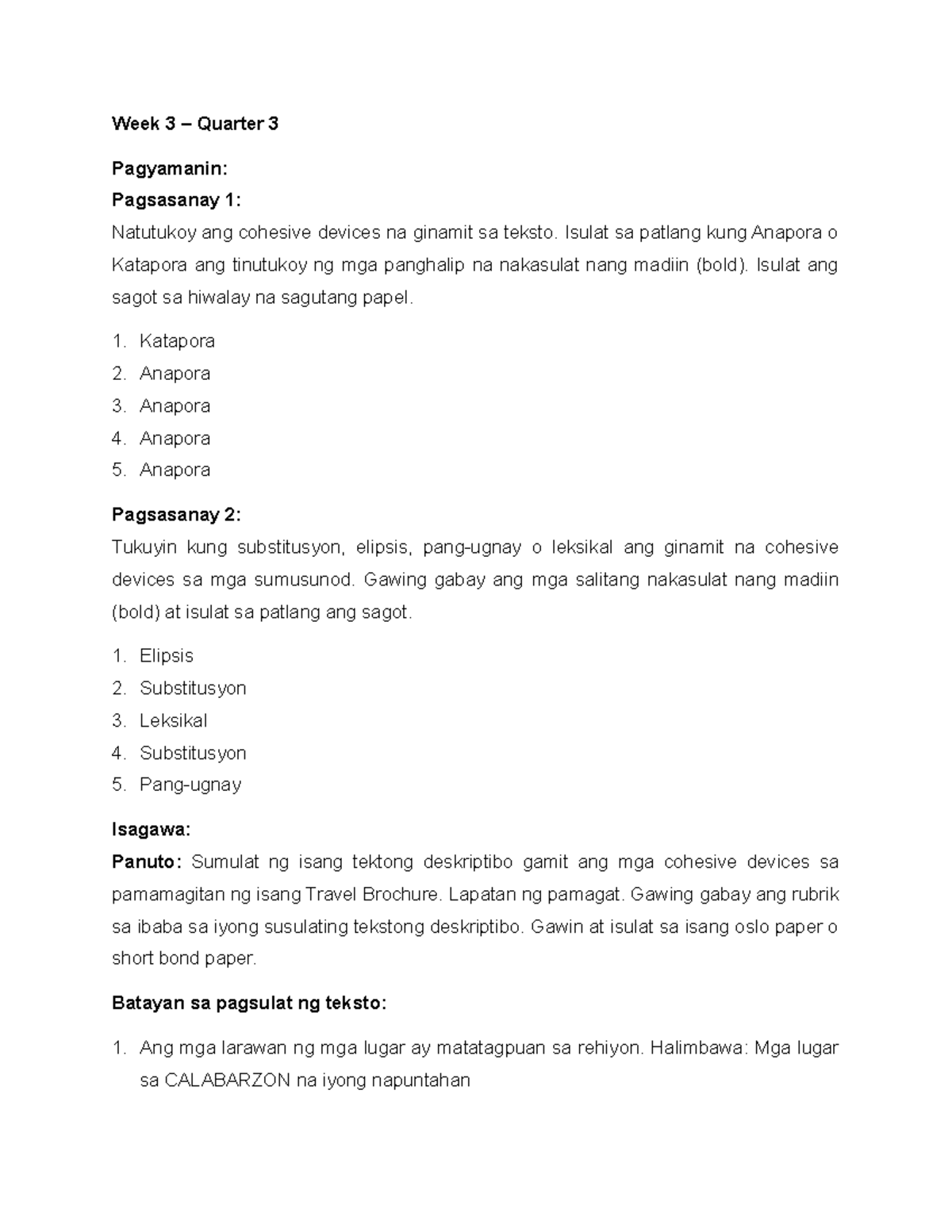 Week 3 Pagbasa - Done - Week 3 – Quarter 3 Pagyamanin: Pagsasanay 1 ...