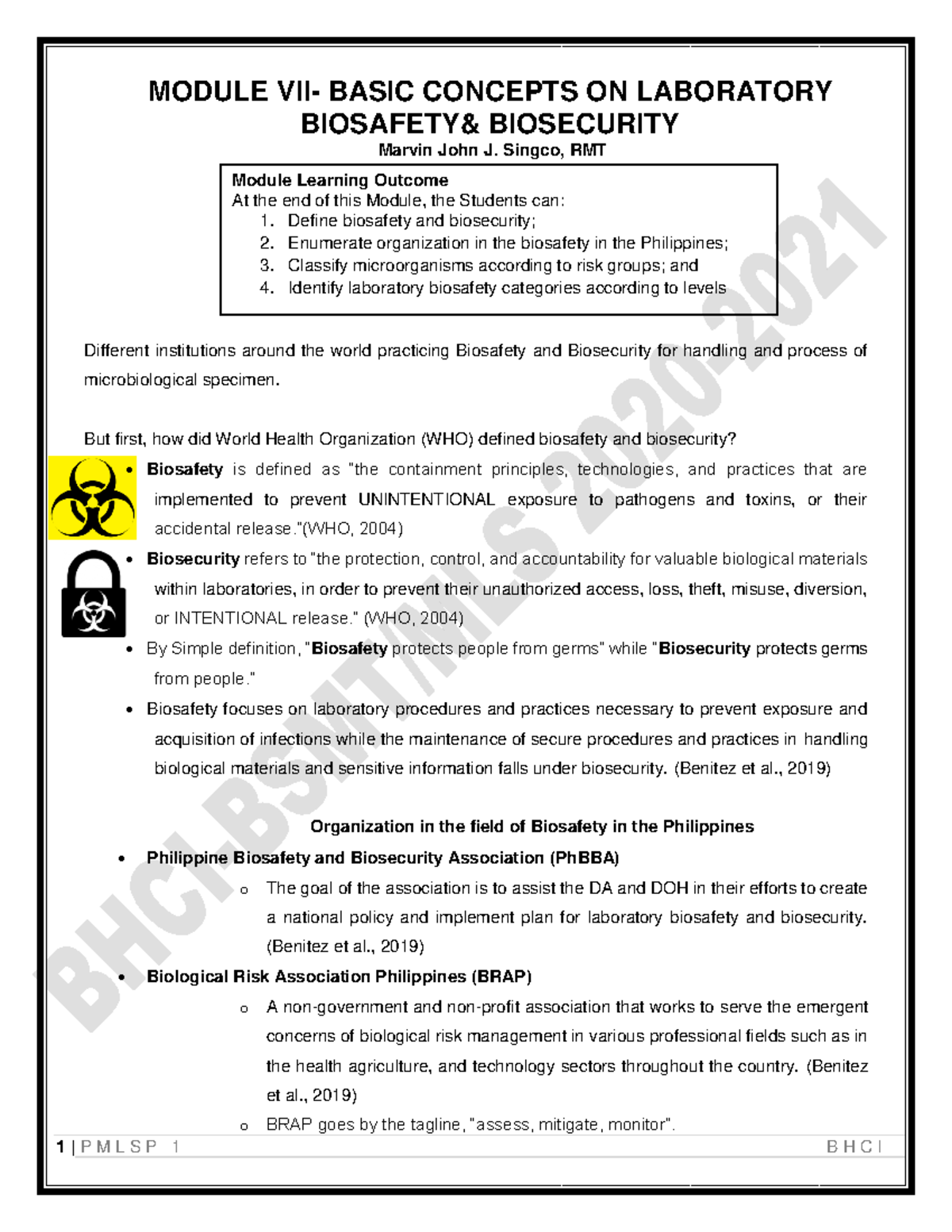 Pmlsp 1 Module 7 Biosafety Biosecurity - MODULE VII- BASIC CONCEPTS ON LABORATORY BIOSAFETY ...