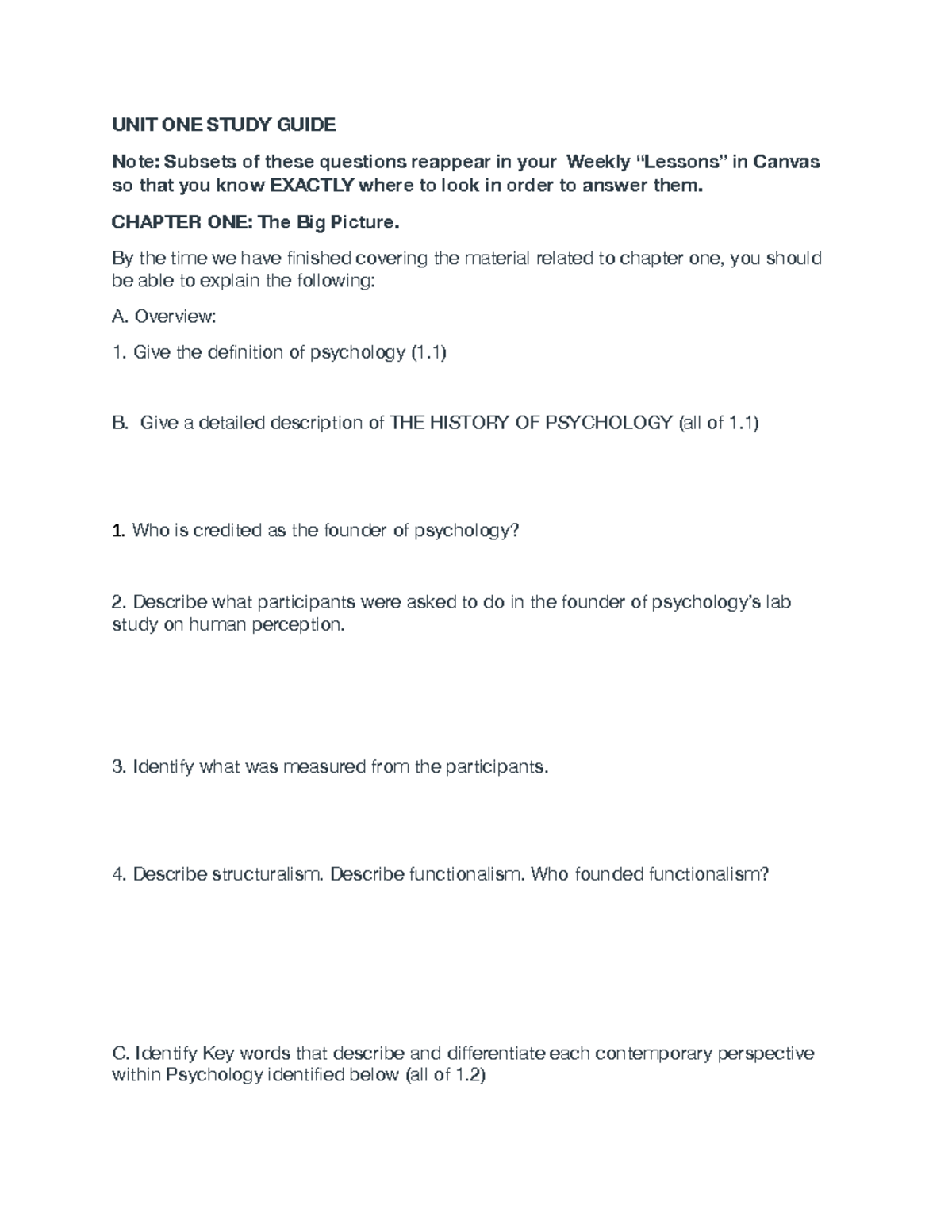 Psych Unit 1 - study guide - UNIT ONE STUDY GUIDE Note: Subsets of ...