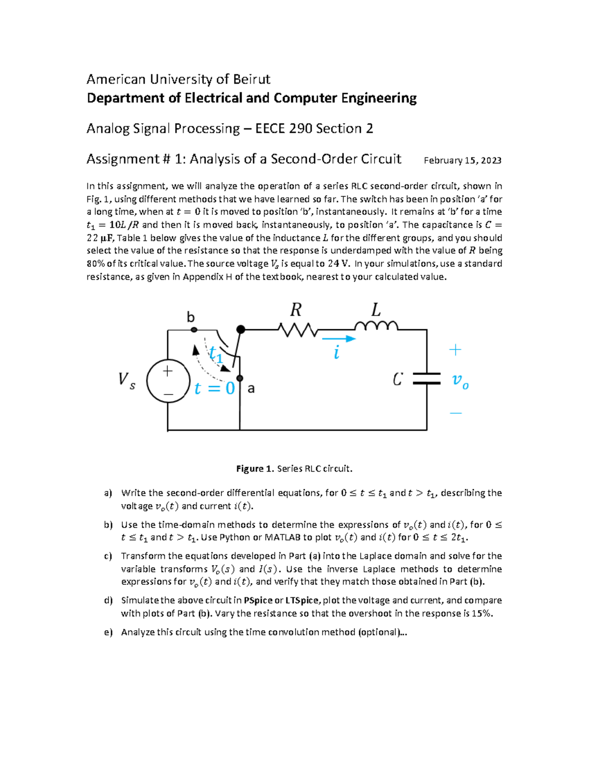 Eece 290 Assignment 1 2023 American University Of Beirut Department