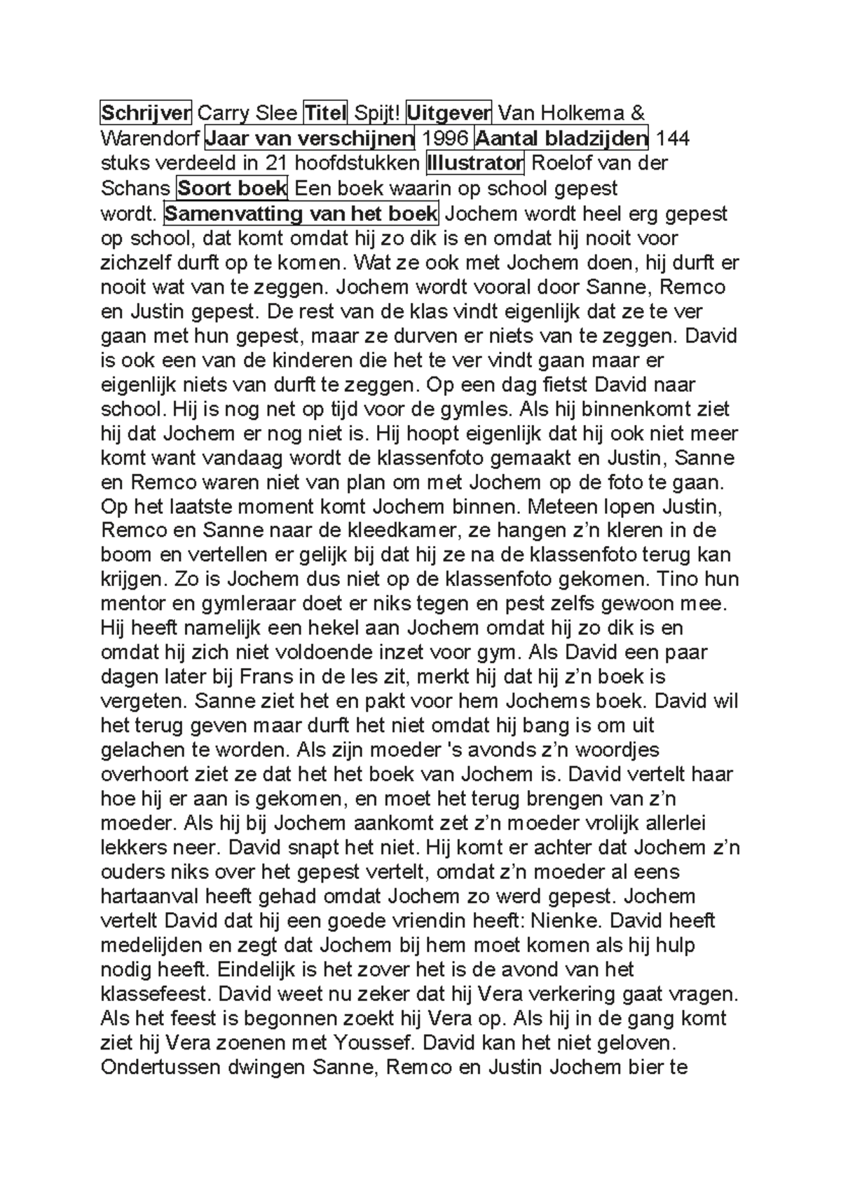 Spijt samenvatting - Schrijver Carry Slee Titel Spijt! Uitgever Van ...
