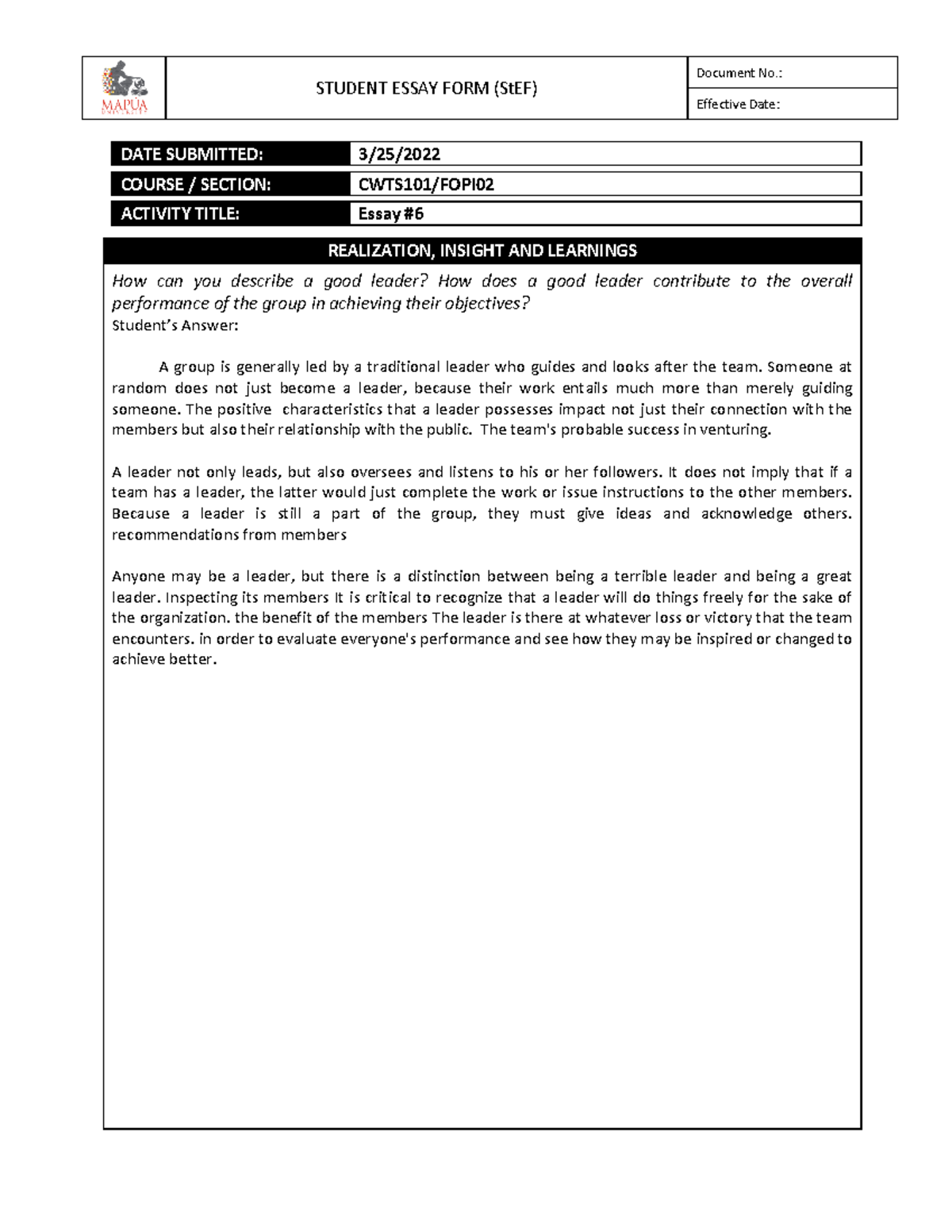 Form - CWTS101 Essay #6 VGatchalian - STUDENT ESSAY FORM (StEF ...