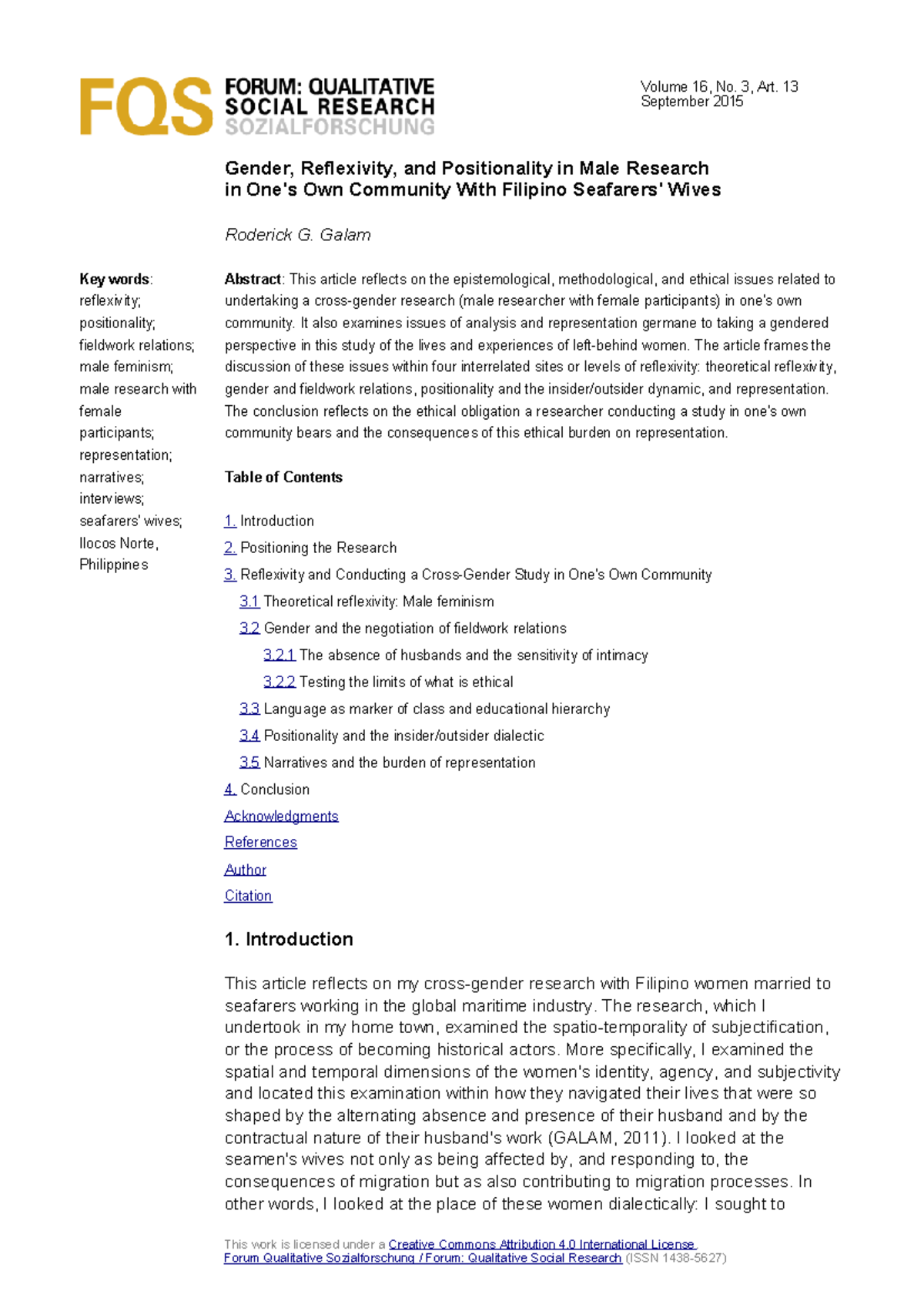 Galam 2015 Reflexivity - Gender, Reflexivity, and Positionality in Male ...