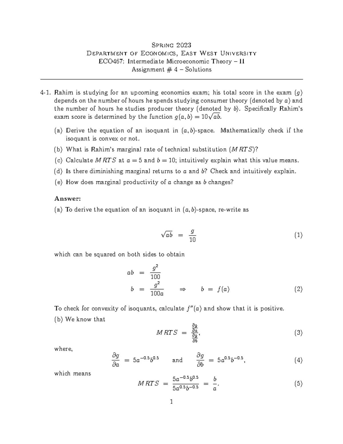 Assignment 4 solution - Microeconomics Theory II - Micro Economics II ...