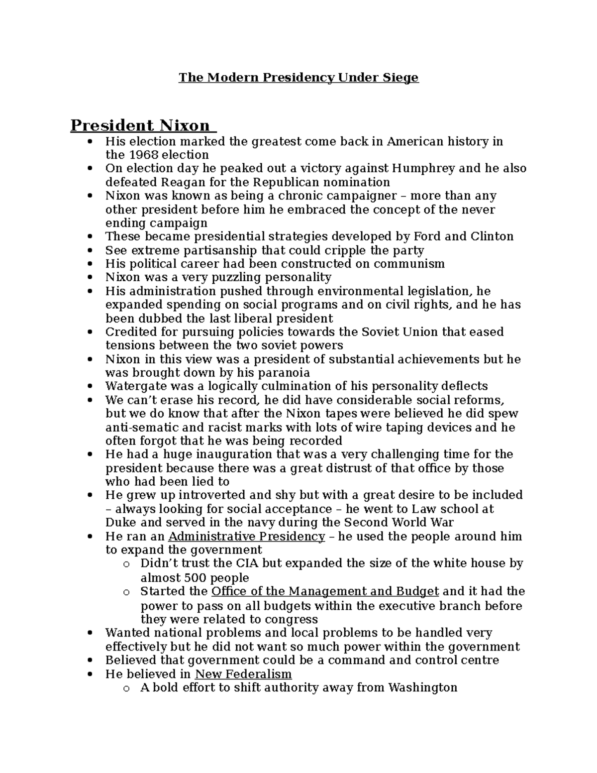 Nixon - HIS 2131 - The Modern Presidency Under Siege President Nixon ...