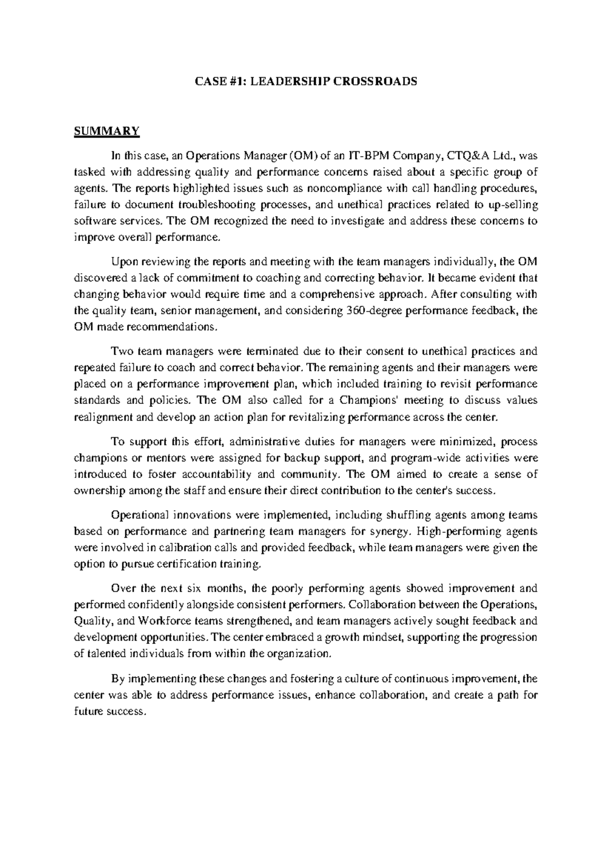 CASE1 Summary and Answers - CASE #1: LEADERSHIP CROSSROADS SUMMARY In ...