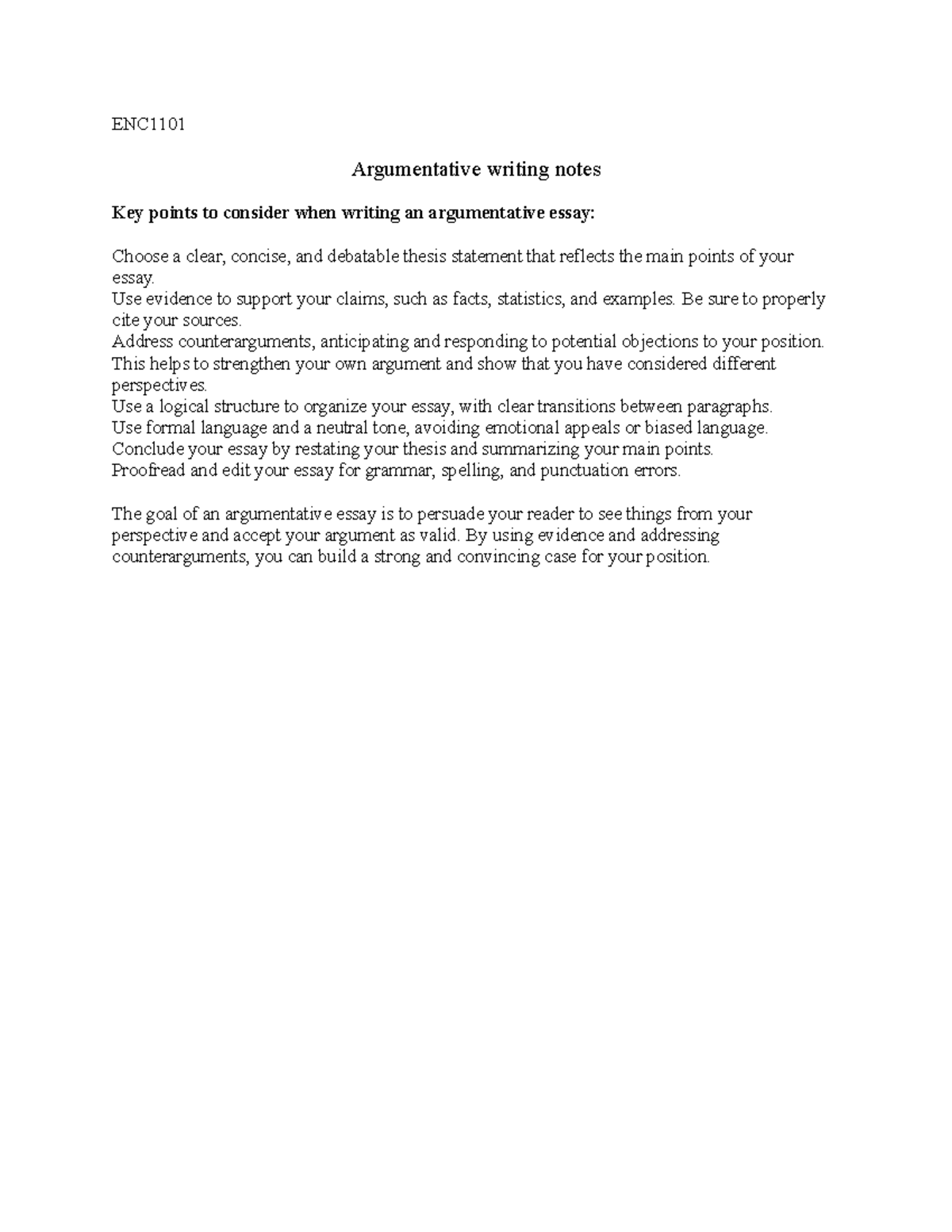 Argumentative writing enc1101 - ENC Argumentative writing notes Key ...