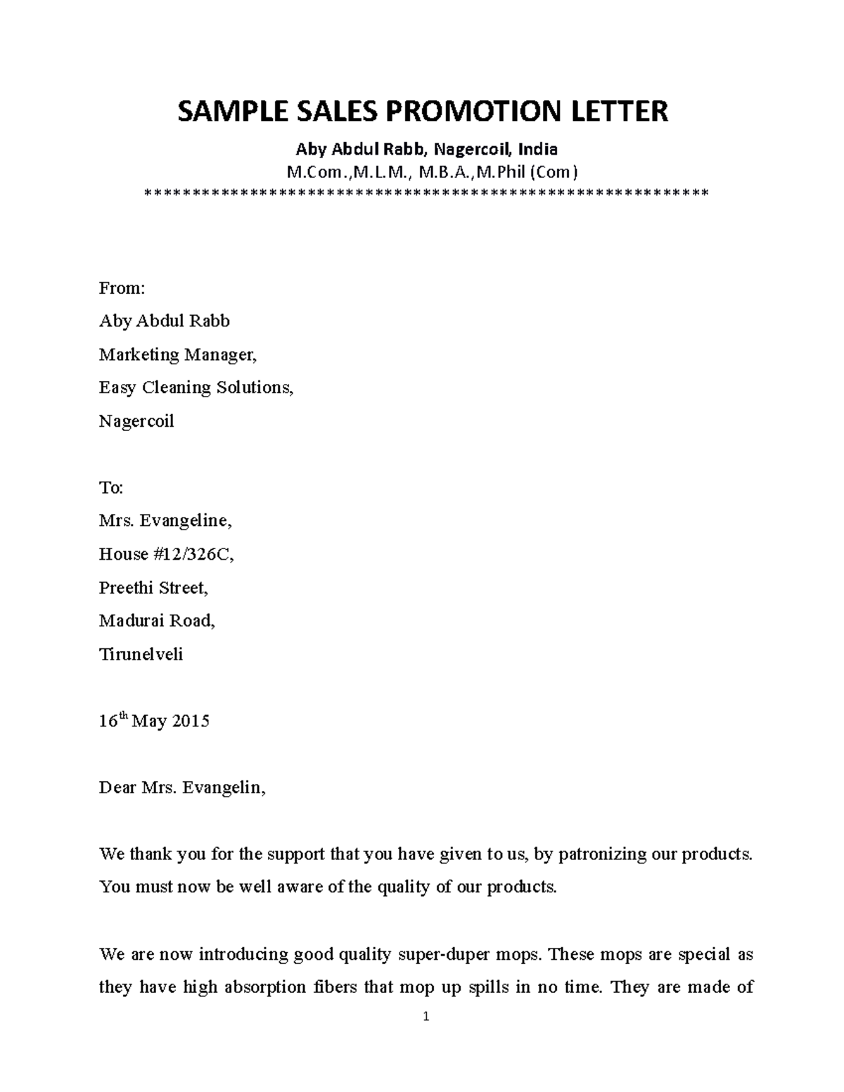 Sales Promotion Letter - SAMPLE SALES PROMOTION LETTER Aby Abdul Rabb ...