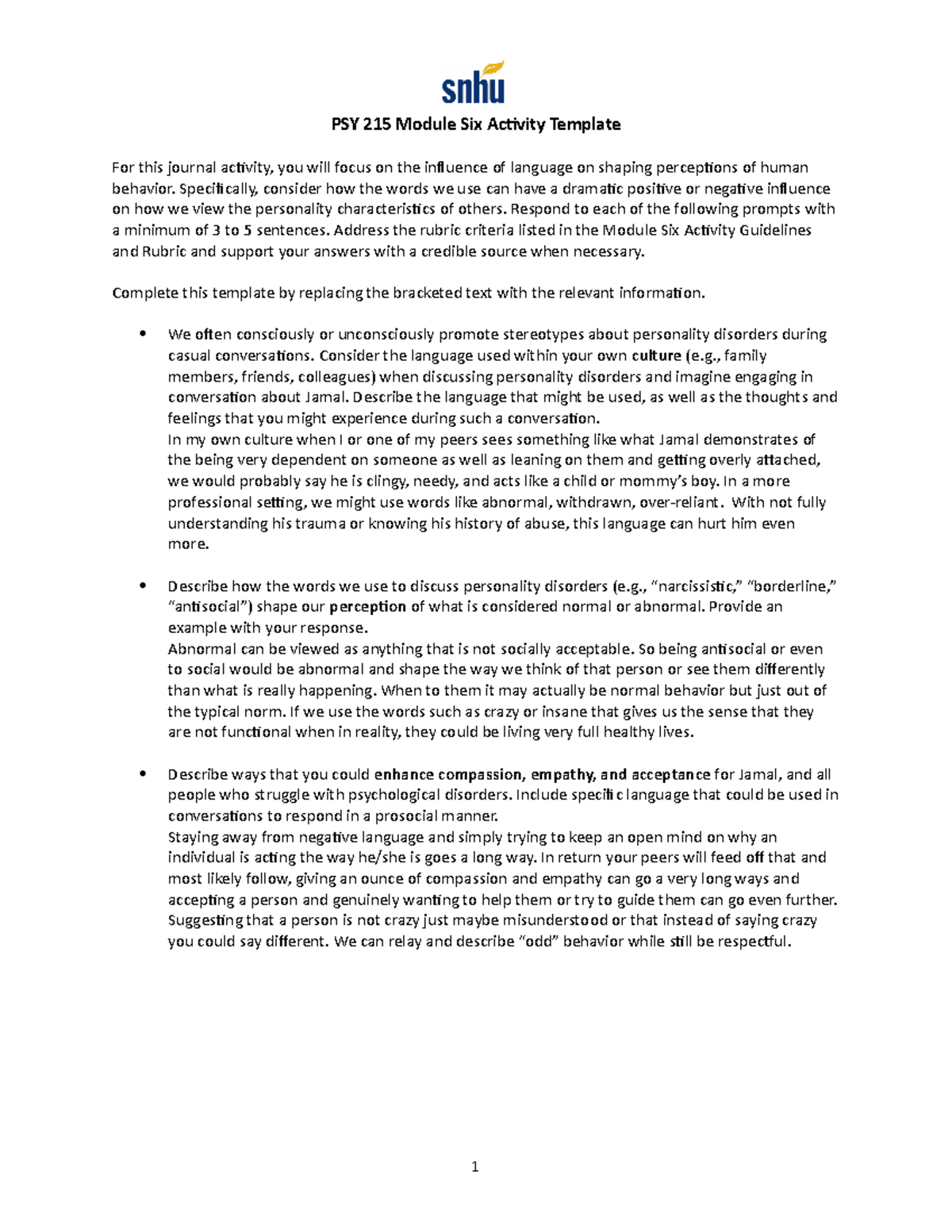 PSY 215 Module Six Activity Template - PSY 215 Module Six Activity ...