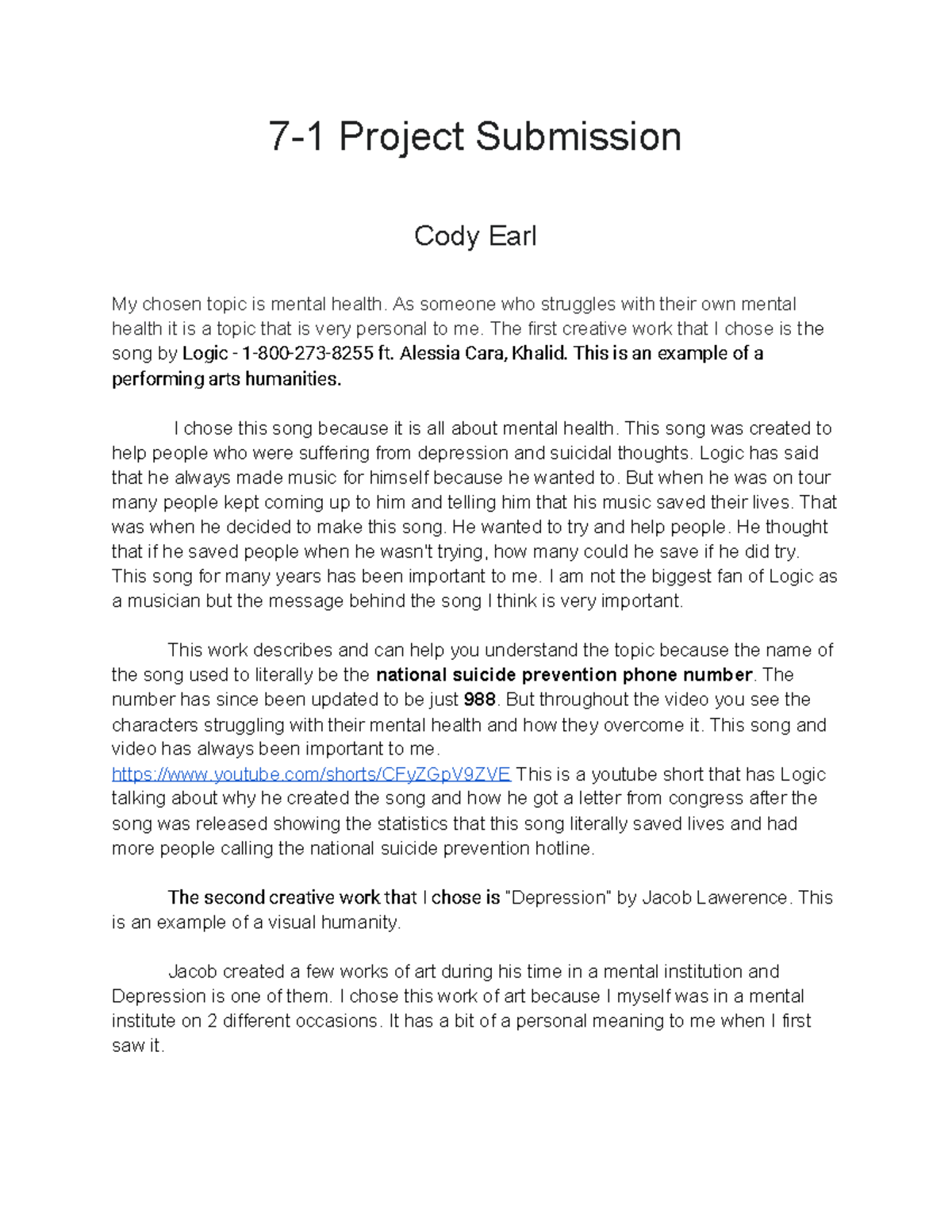 7-1 Project Submission - 7-1 Project Submission Cody Earl My chosen topic is mental health. As ...