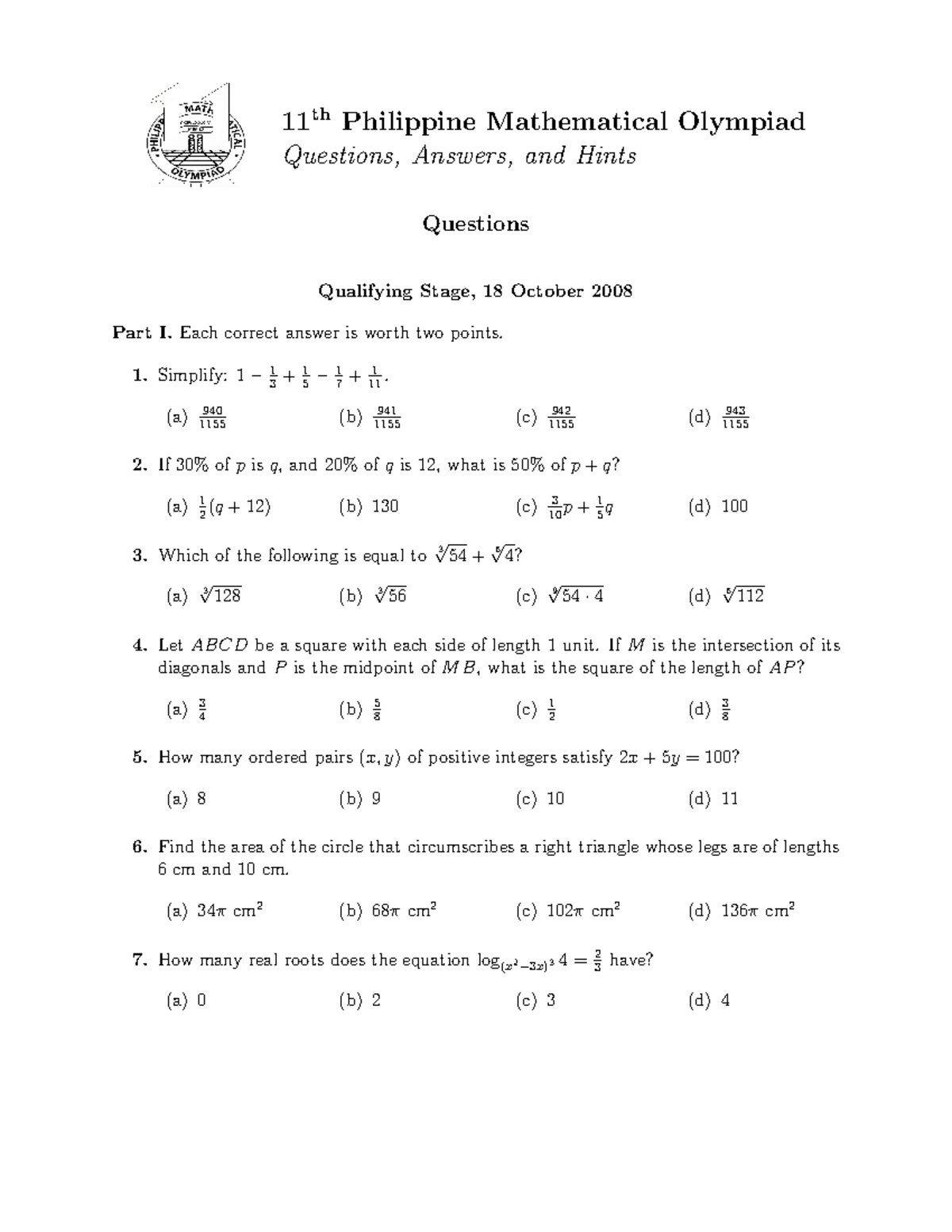 Pmo2009 11 Th Philippine Mathematical Olympiad Questions Answers