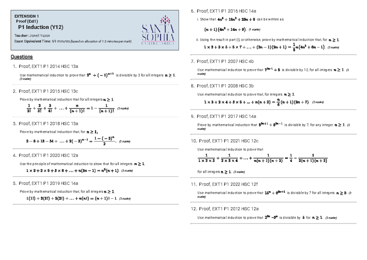 Induction Questions - 1. Proof, EXT1 P1 2014 HSC 13a 2. Proof, EXT1 P1 ...