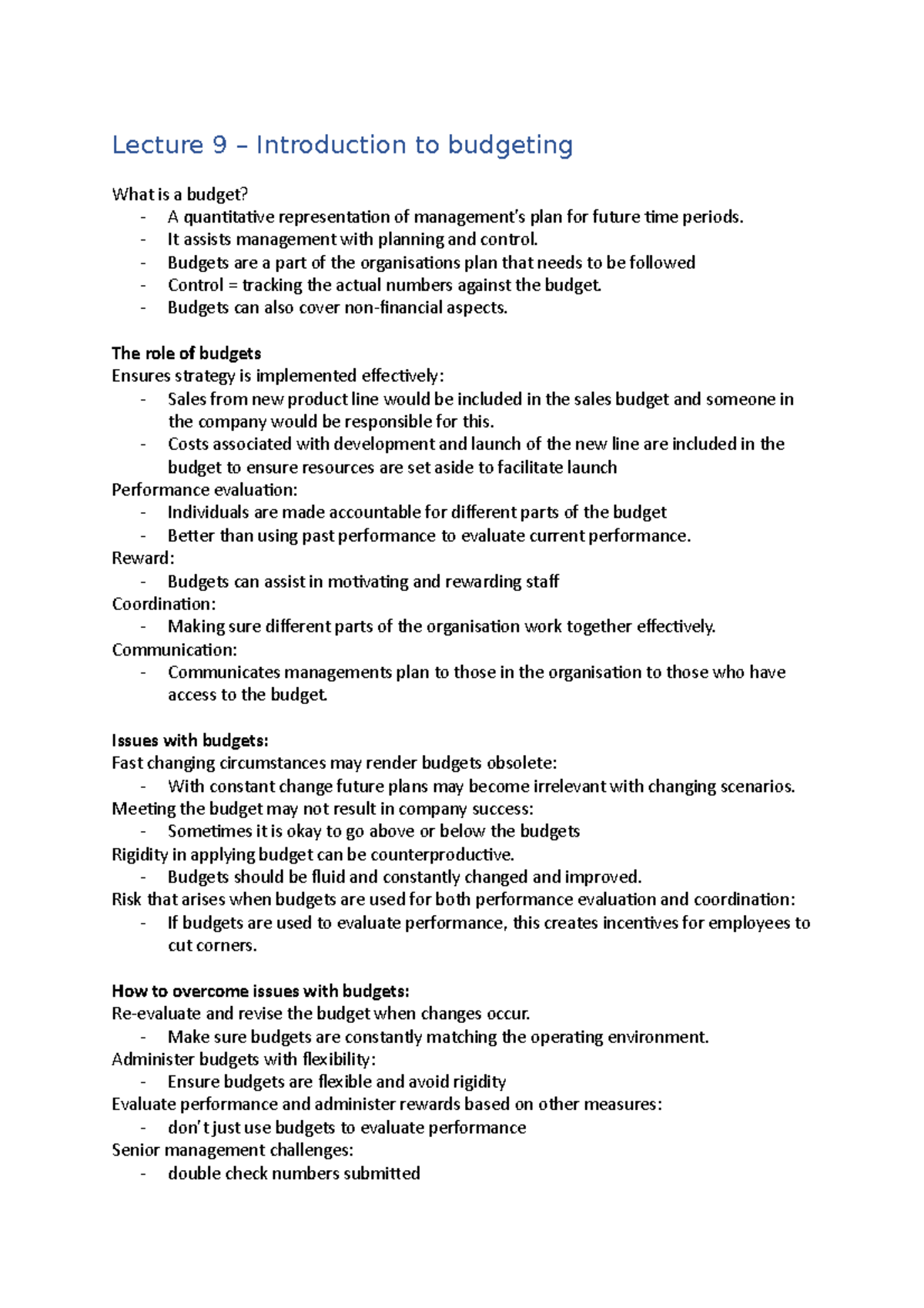 Lecture 9 – Introduction to budgeting - Lecture 9 – Introduction to ...