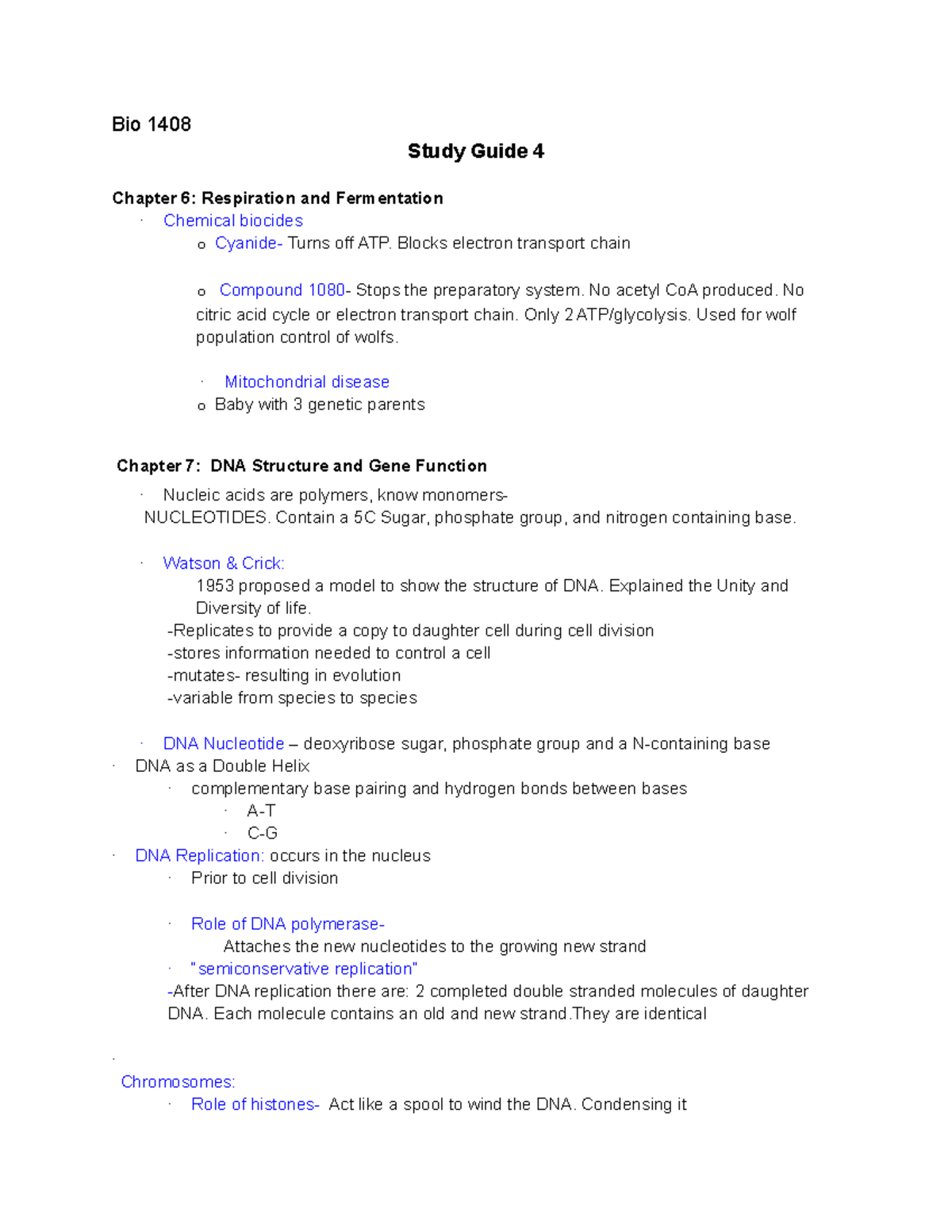 Bio study guide 4 - Bio 1408 Study Guide 4 Chapter 6: Respiration and ...