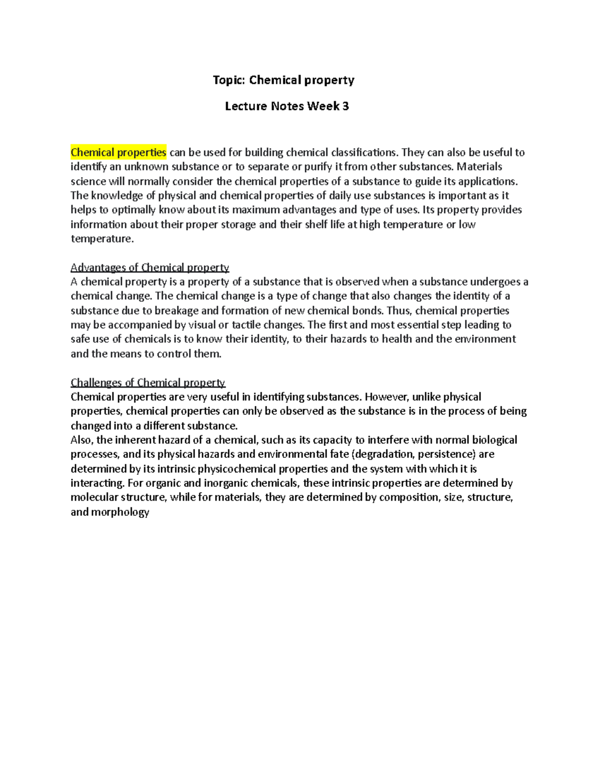 Chemical property 2 - Topic: Chemical property Lecture Notes Week 3 ...
