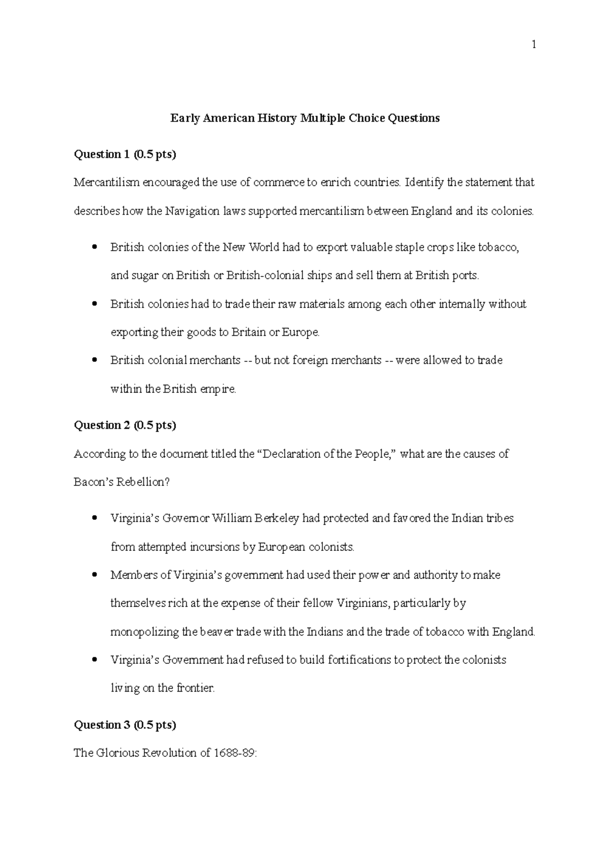 Early American History Multiple Choice Questions - Identify the ...