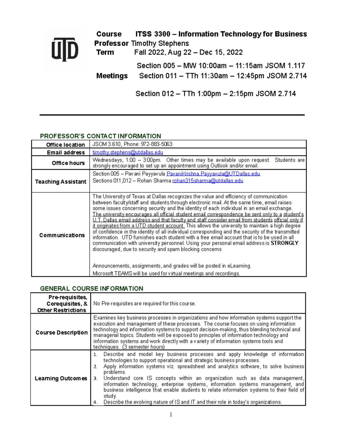 Syllabus ITS3300 F22 v2 - Course ITSS 3300 – Information Technology for ...