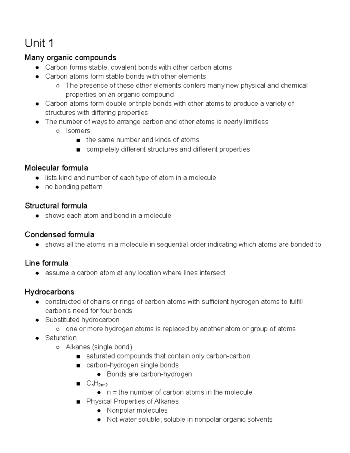 Test 1 Review - Unit 1 Many organic compounds Carbon forms stable ...