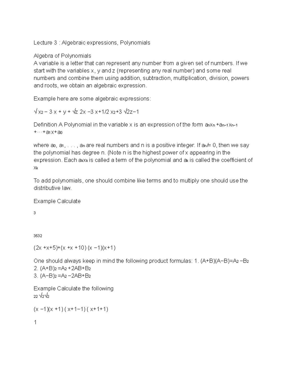 Untitled document-3 - pre calc notes - Lecture 3 : Algebraic ...