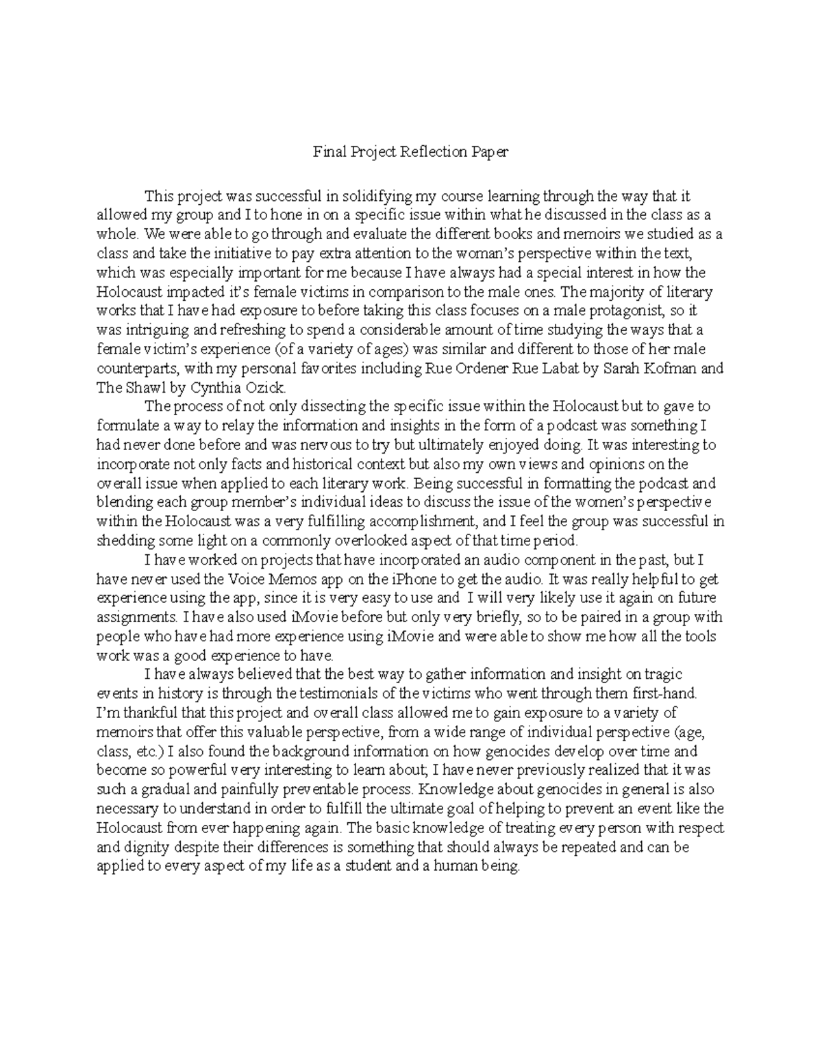 Final Project Reflection Paper - We were able to go through and ...