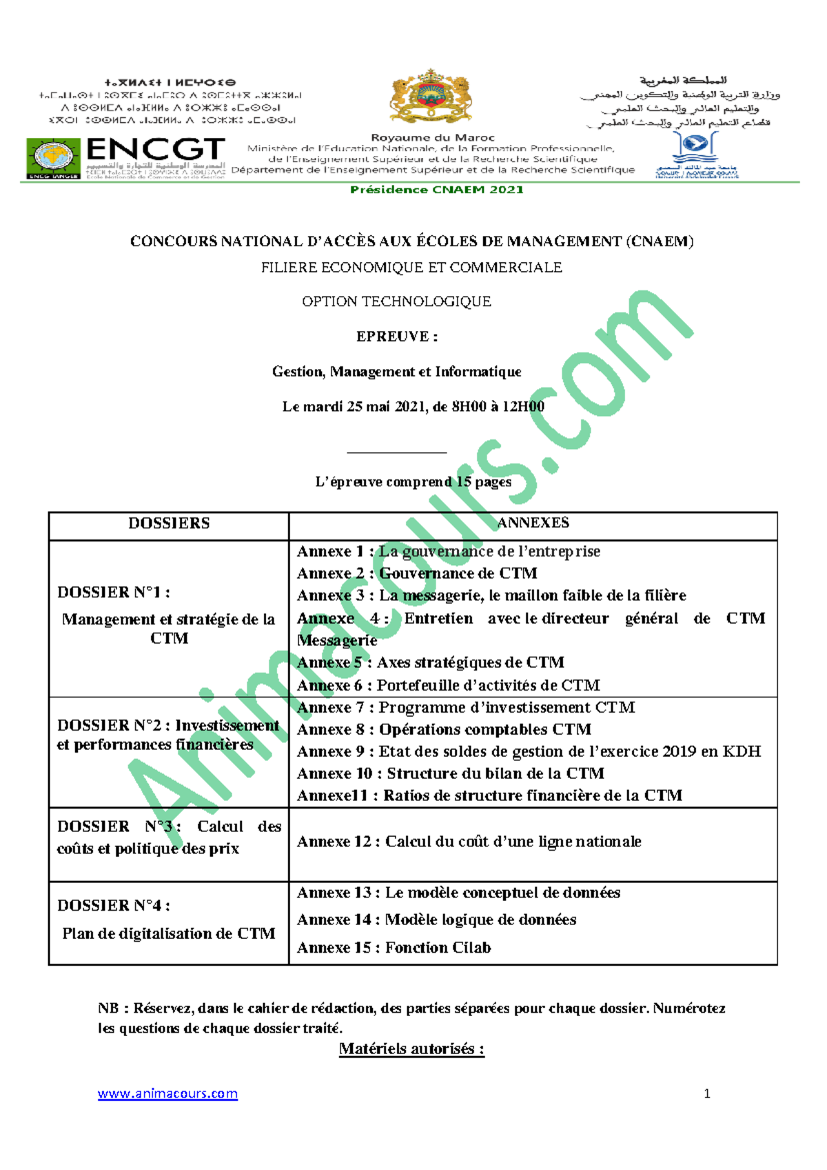 MSG- Cnaem-2021 - CONCOURS NATIONAL D’ACCÈS AUX ÉCOLES DE MANAGEMENT (CNAEM) FILIERE ECONOMIQUE ...