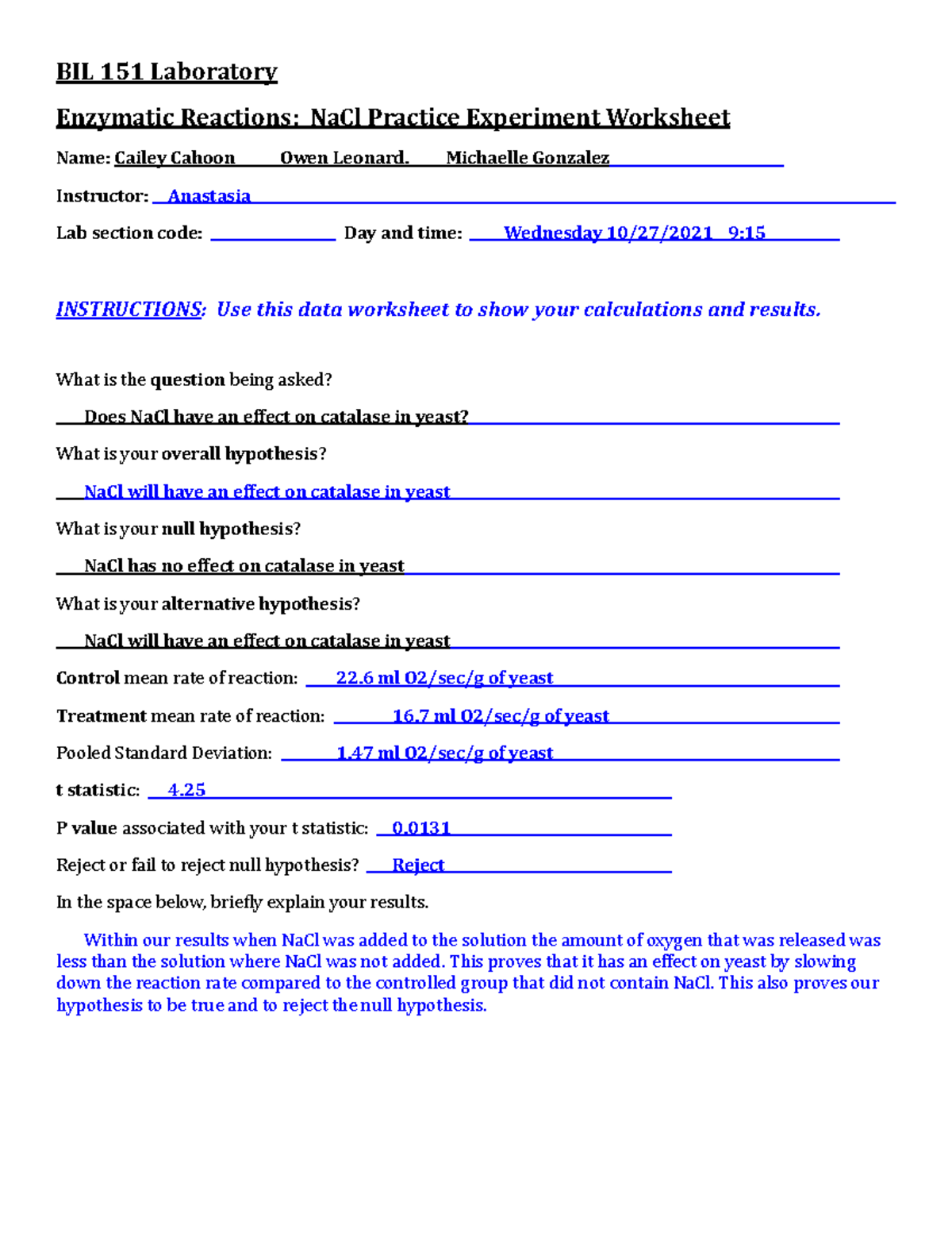 BIL 150 Enzyme Lab - BIL 151 Laboratory Enzymatic Reactions: NaCl ...