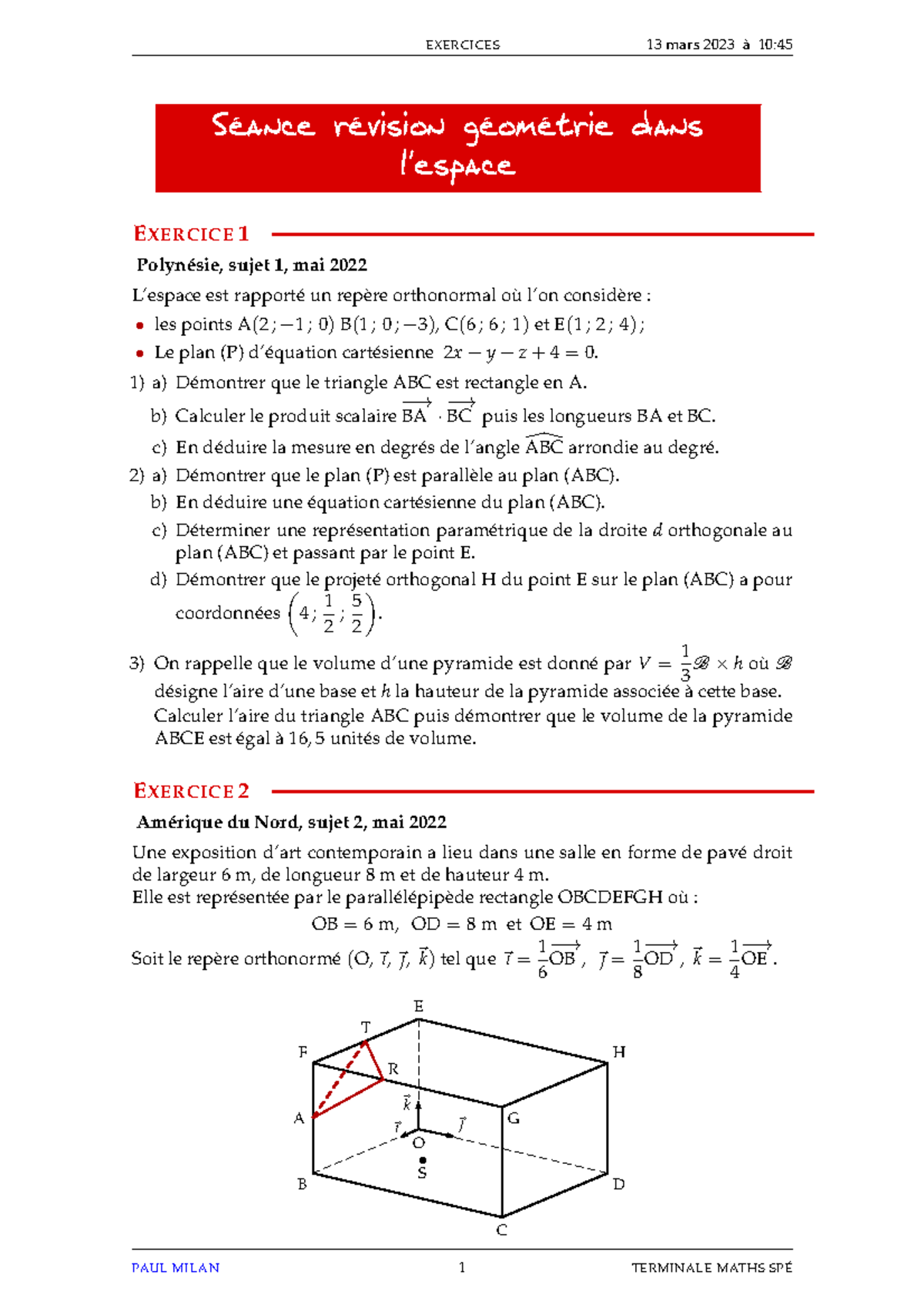 2023 seance 13 03 - notes - EXERCICES 13 mars 2023 à 10: Séance ...