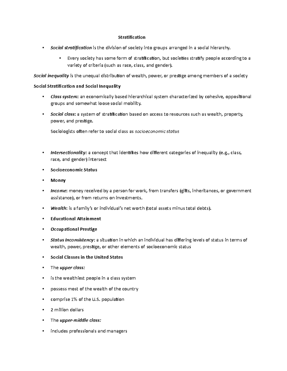 Stratification - notes in class - Stratification Social stratification ...