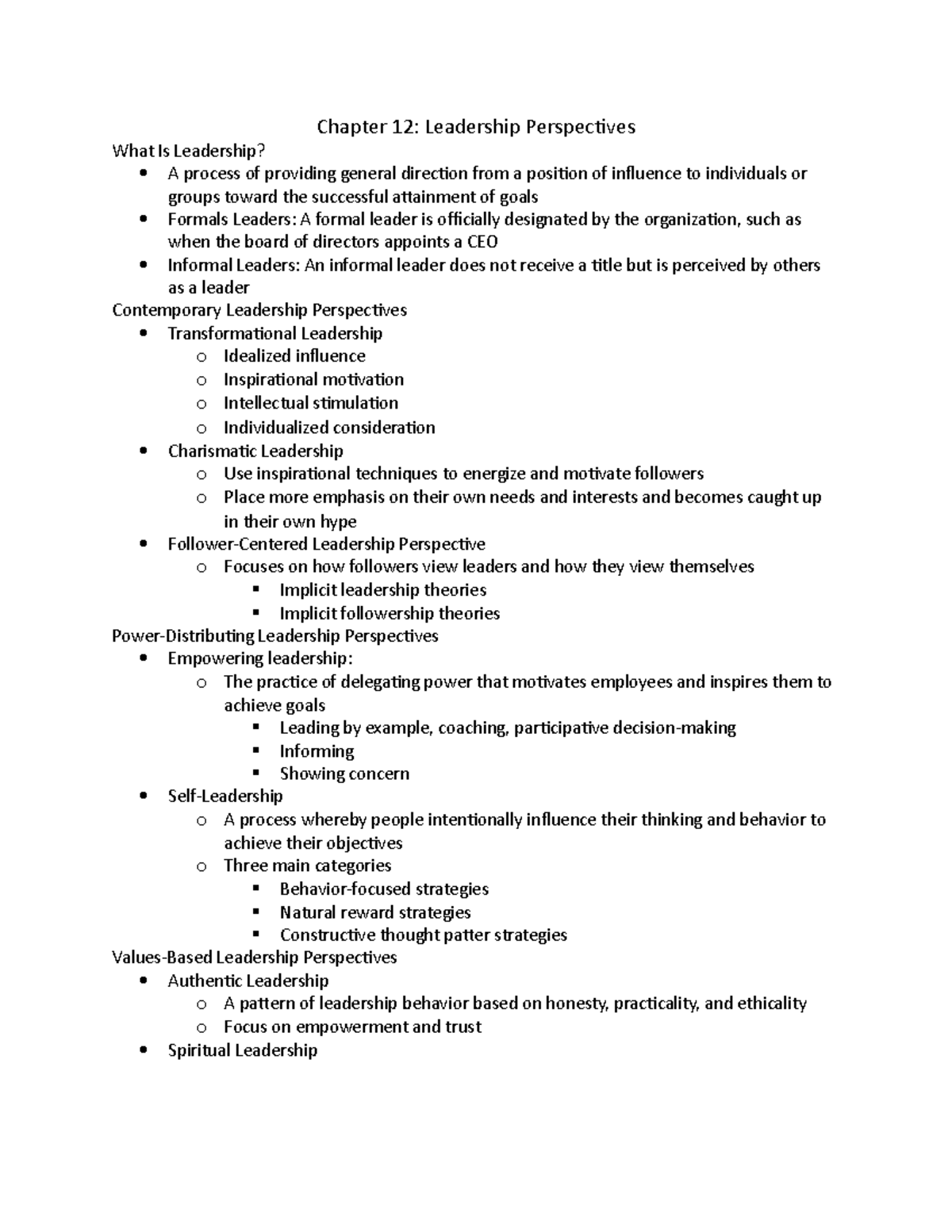 MGMT-261 Chapter 12 - Notes - Chapter 12: Leadership Perspectives What ...