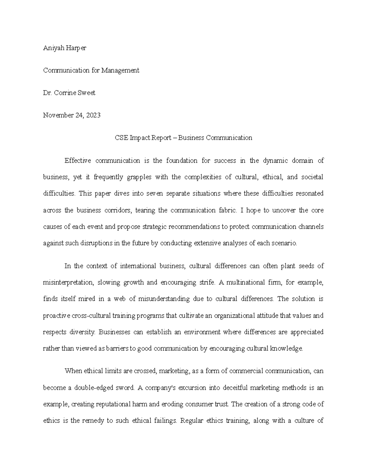 CSE Impact Report – Business Communication - Aniyah Harper ...