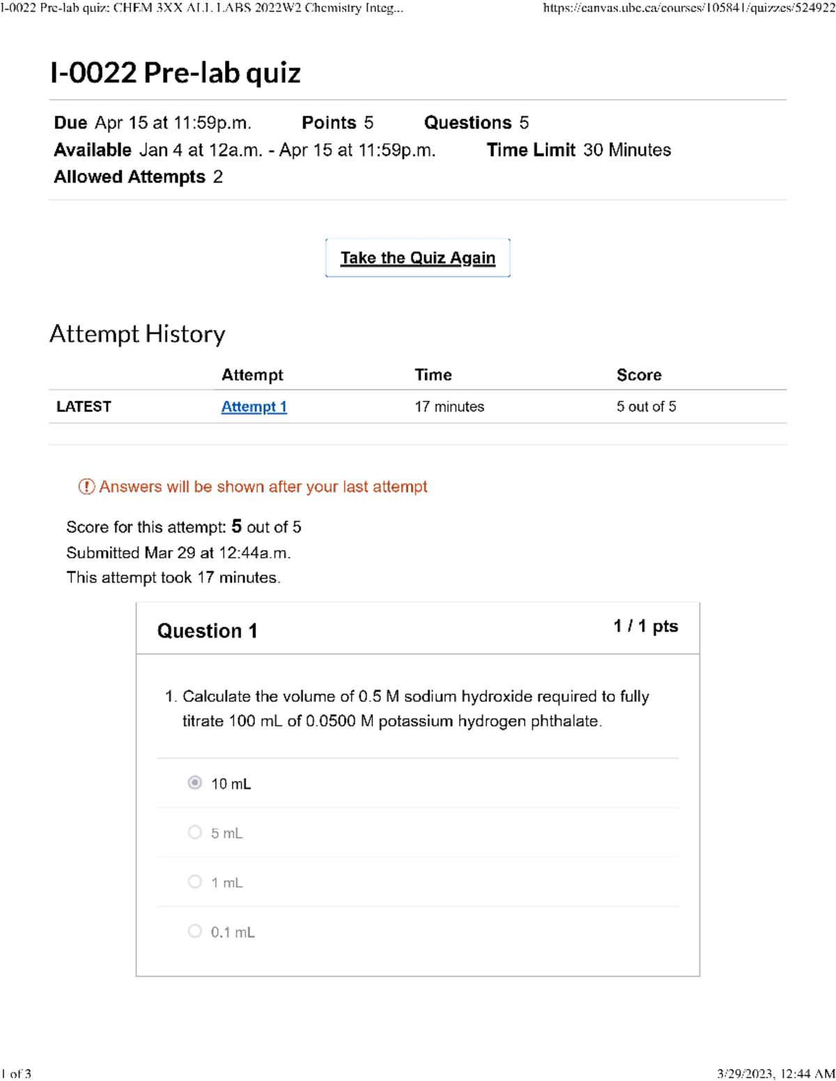 I-22 - prelab - I-0022 Pre-lab quiz Due Apr 15 at 11:59p. Points 5 ...