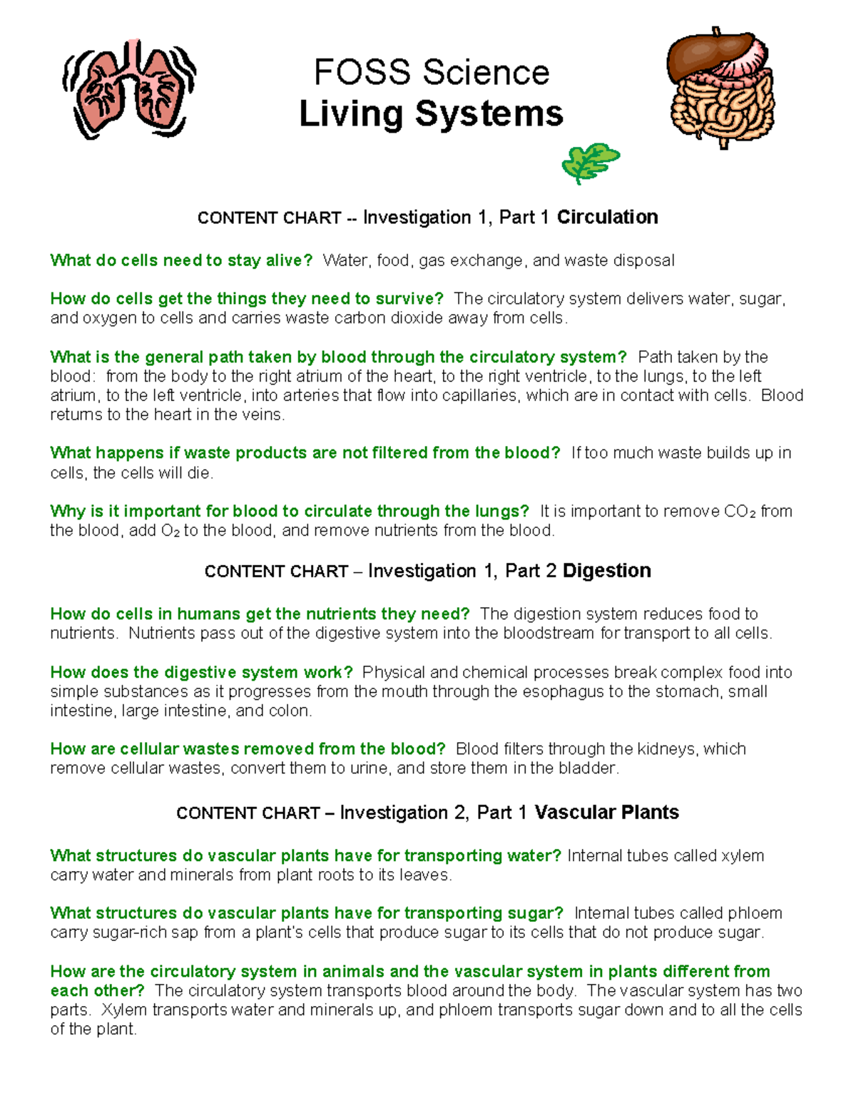FOSS - Living Systems Content Questions - FOSS Science Living Systems ...