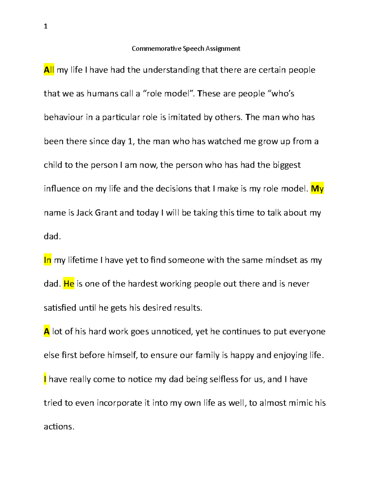 Speech Final Doc - good - 1 Commemorative Speech Assignment All my life ...