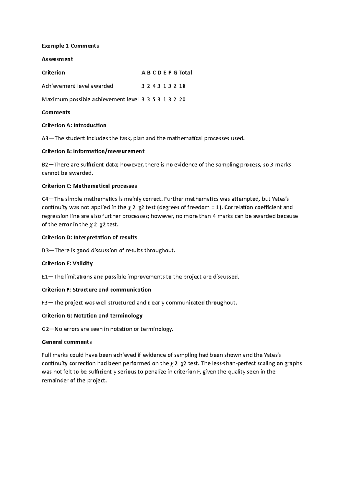 Example 1 Comments - chem - Example 1 Comments Assessment Criterion A B ...