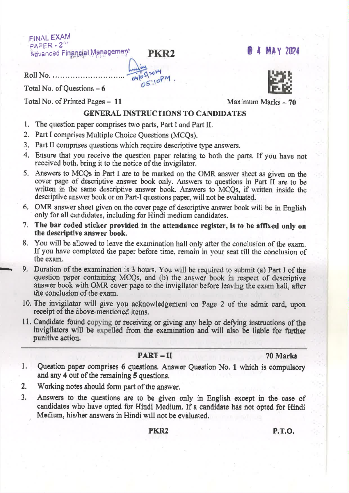 Q 6 - 04 May 2024 Question Paper 2 : Advanced Financial Management - ca ...