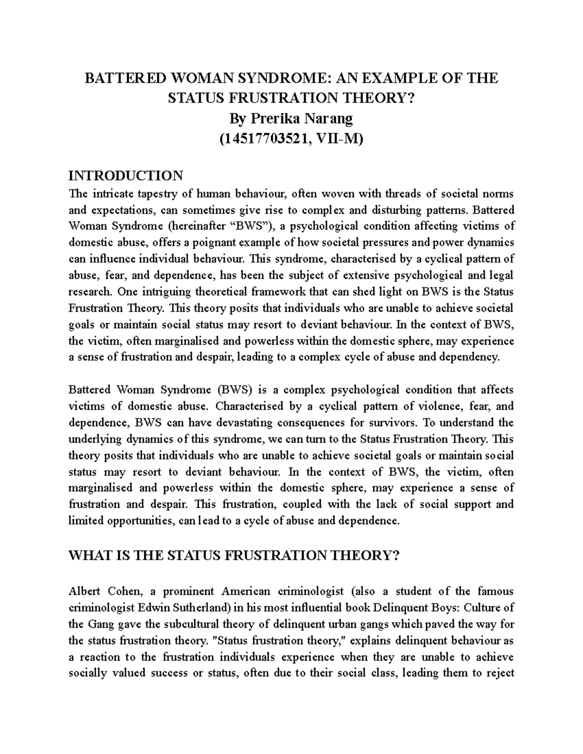 Criminology- Prerika Narang 7M - BATTERED WOMAN SYNDROME: AN EXAMPLE OF ...