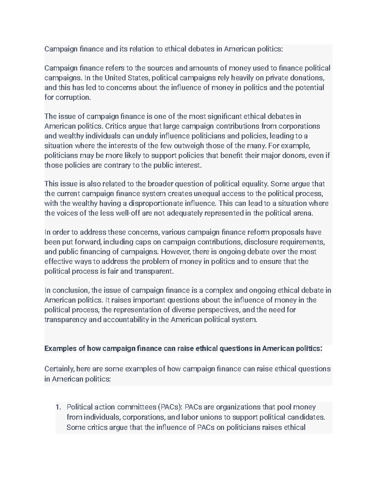 Ethical Debates in American Politics - Campaign finance and its ...