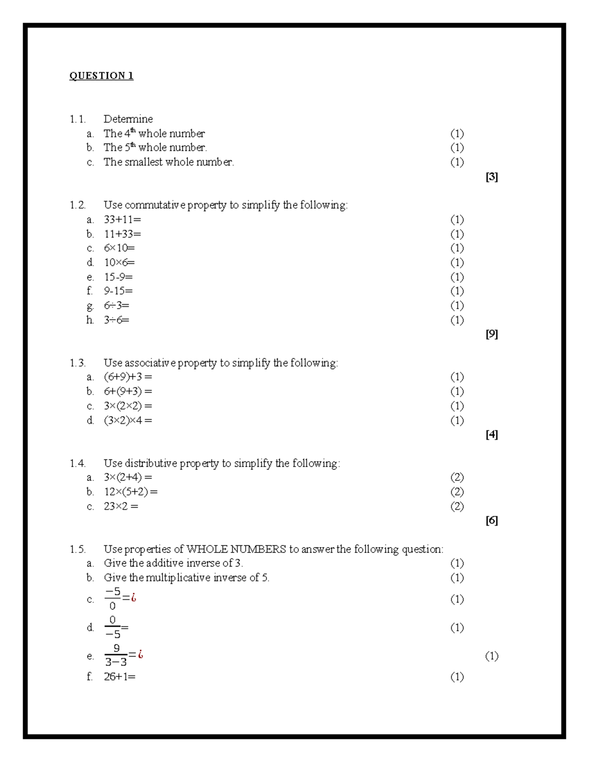 Grade 8 Maths Assignment - QUESTION 1 Determine a. The 4th whole number ...