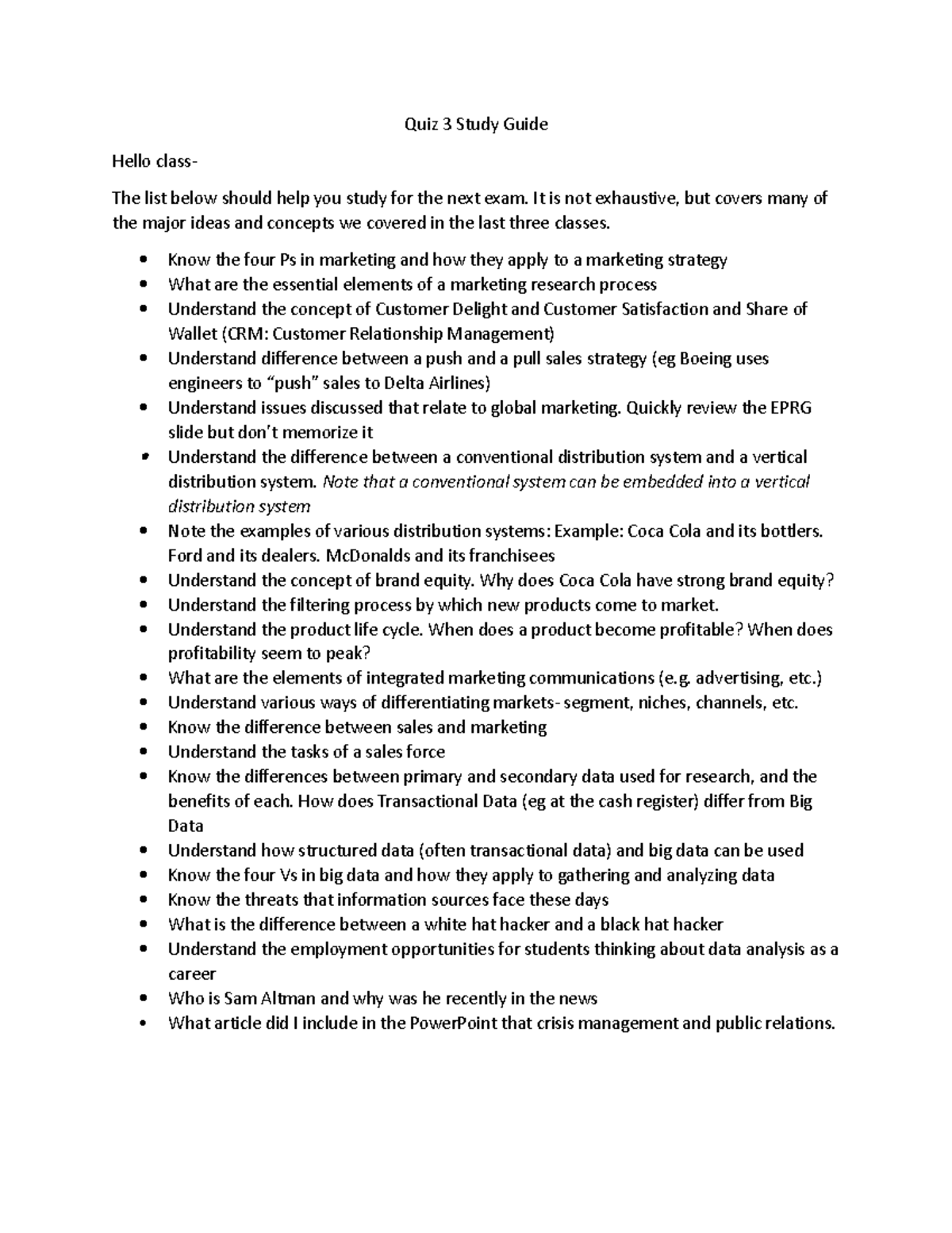 Quiz 3 Study Guide Fall 2023 - Quiz 3 Study Guide Hello class- The list ...
