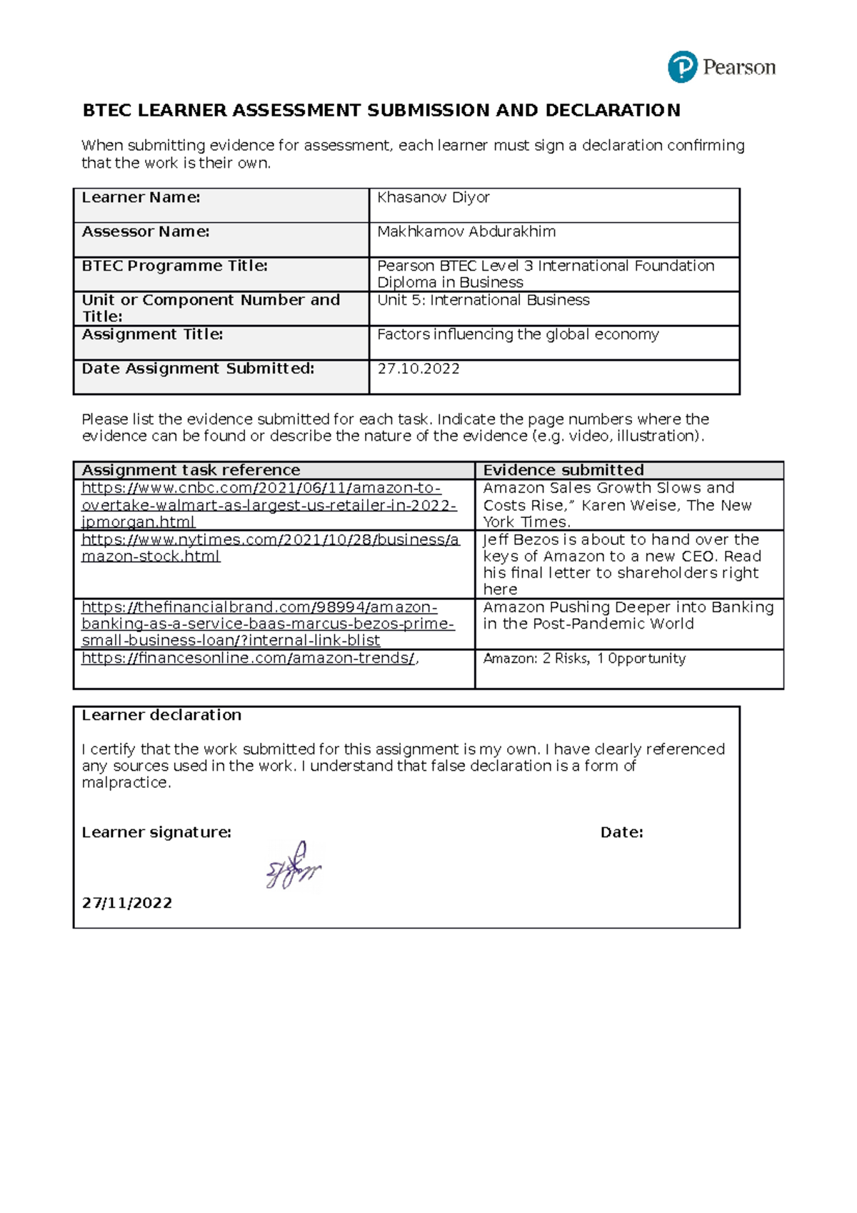 Amazon 1 - best - BTEC LEARNER ASSESSMENT SUBMISSION AND DECLARATION ...