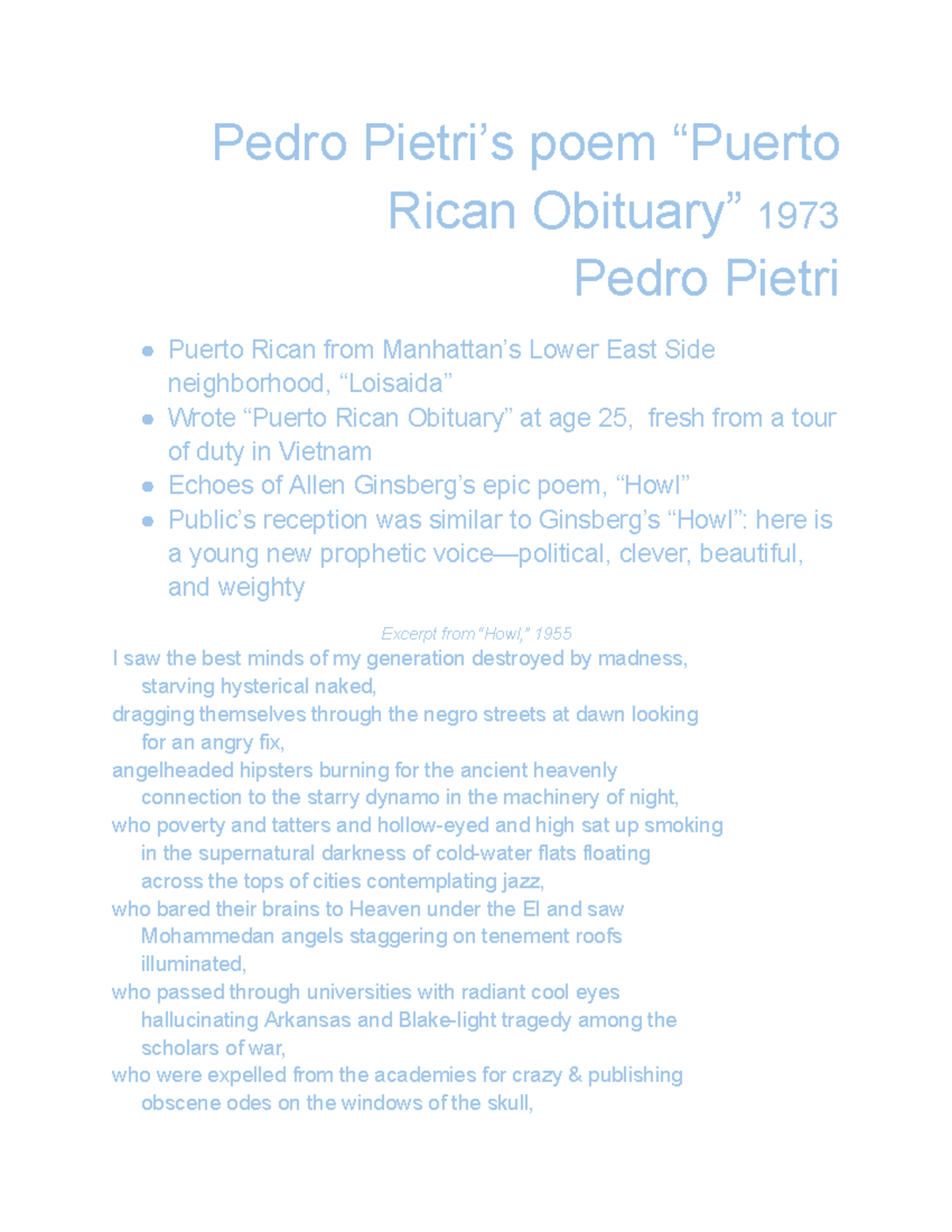 Pedro Pietri’s poem - Pedro Pietri’s poem “Puerto Rican Obituary” 1973 ...
