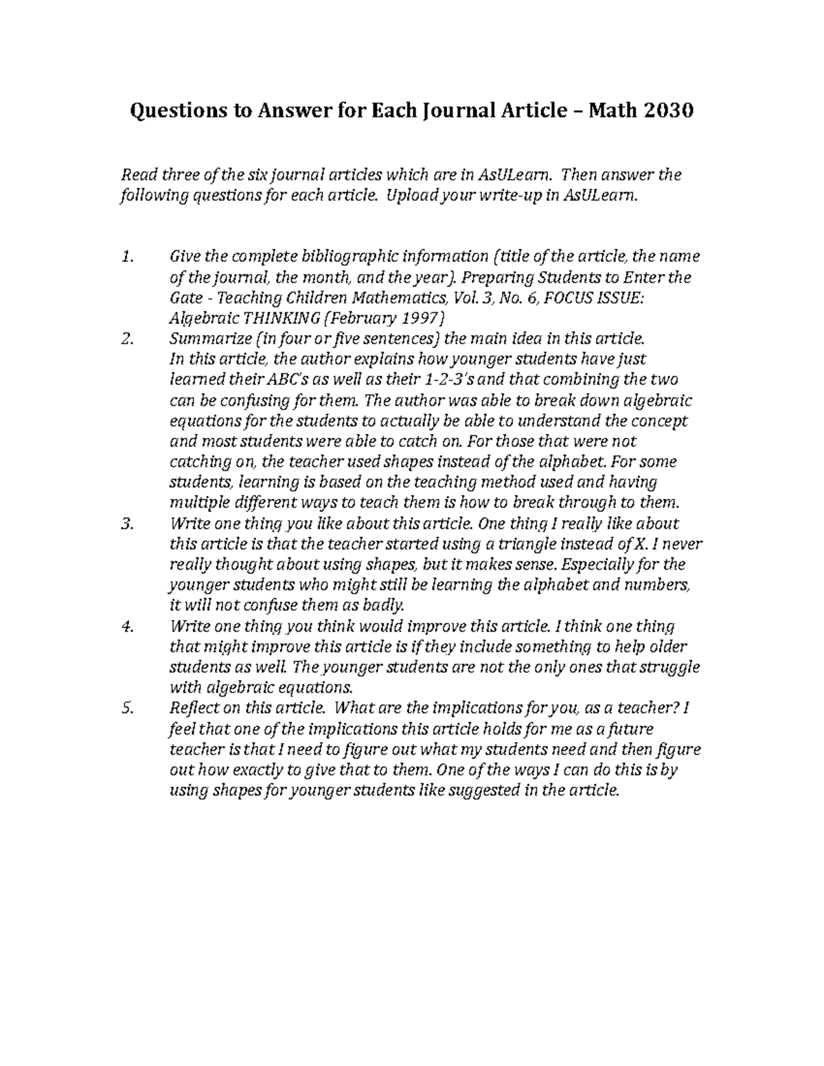 Article Questions – Math 2030 - Questions to Answer for Each Journal ...