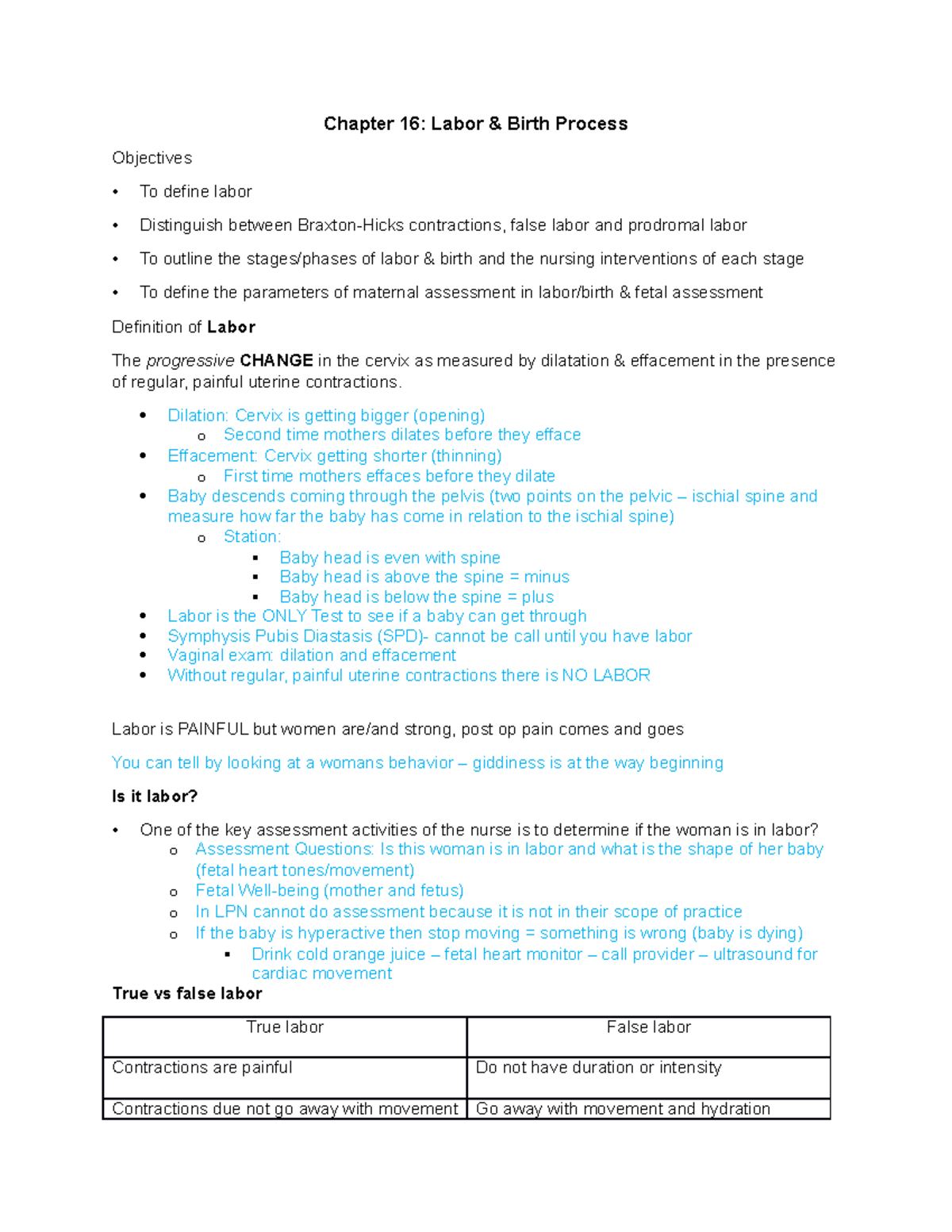 Labor & Birth/Pain Mangement Process Class Notes - Chapter 16: Labor ...