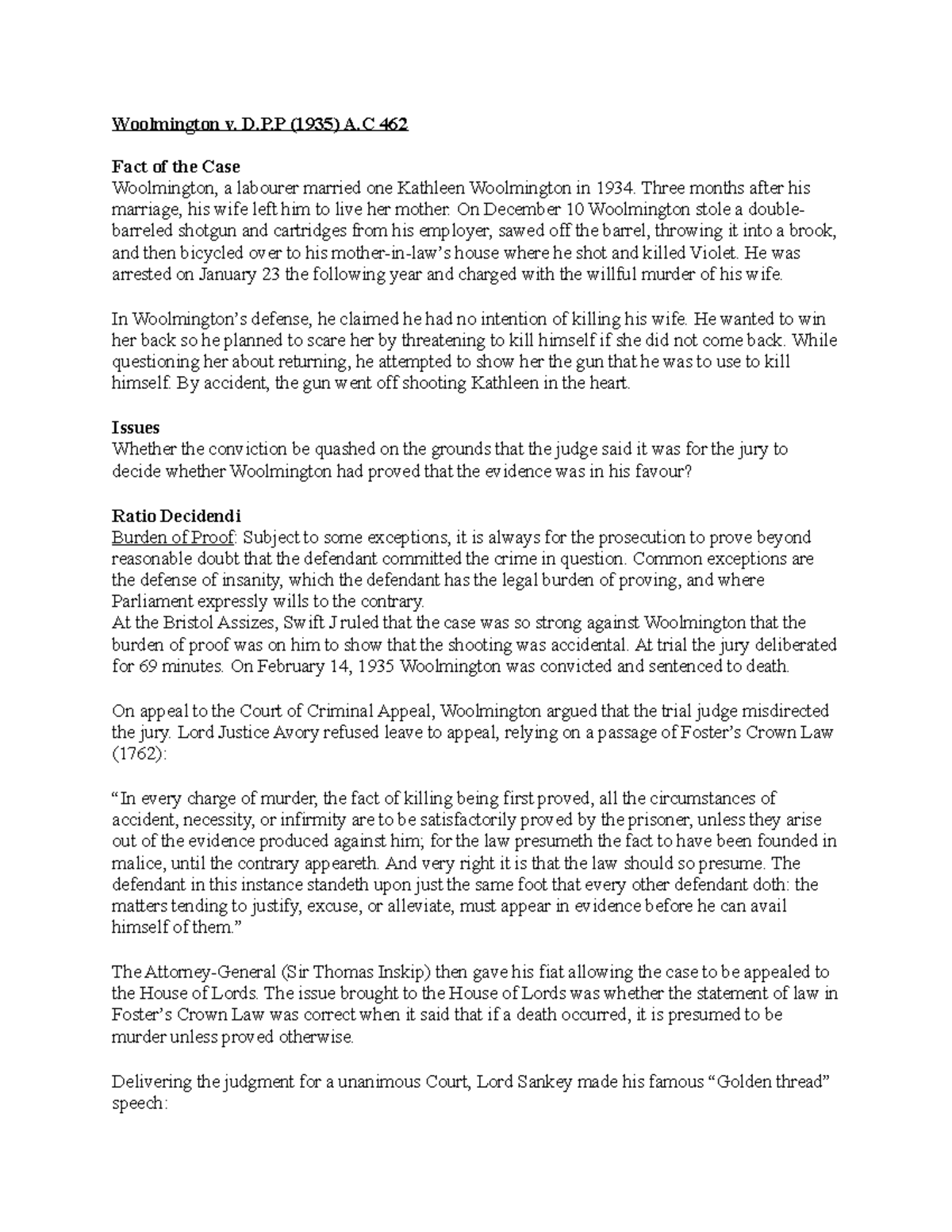 Worksheet 1 - Woolmington v. D.P (1935) A 462 Fact of the Case ...